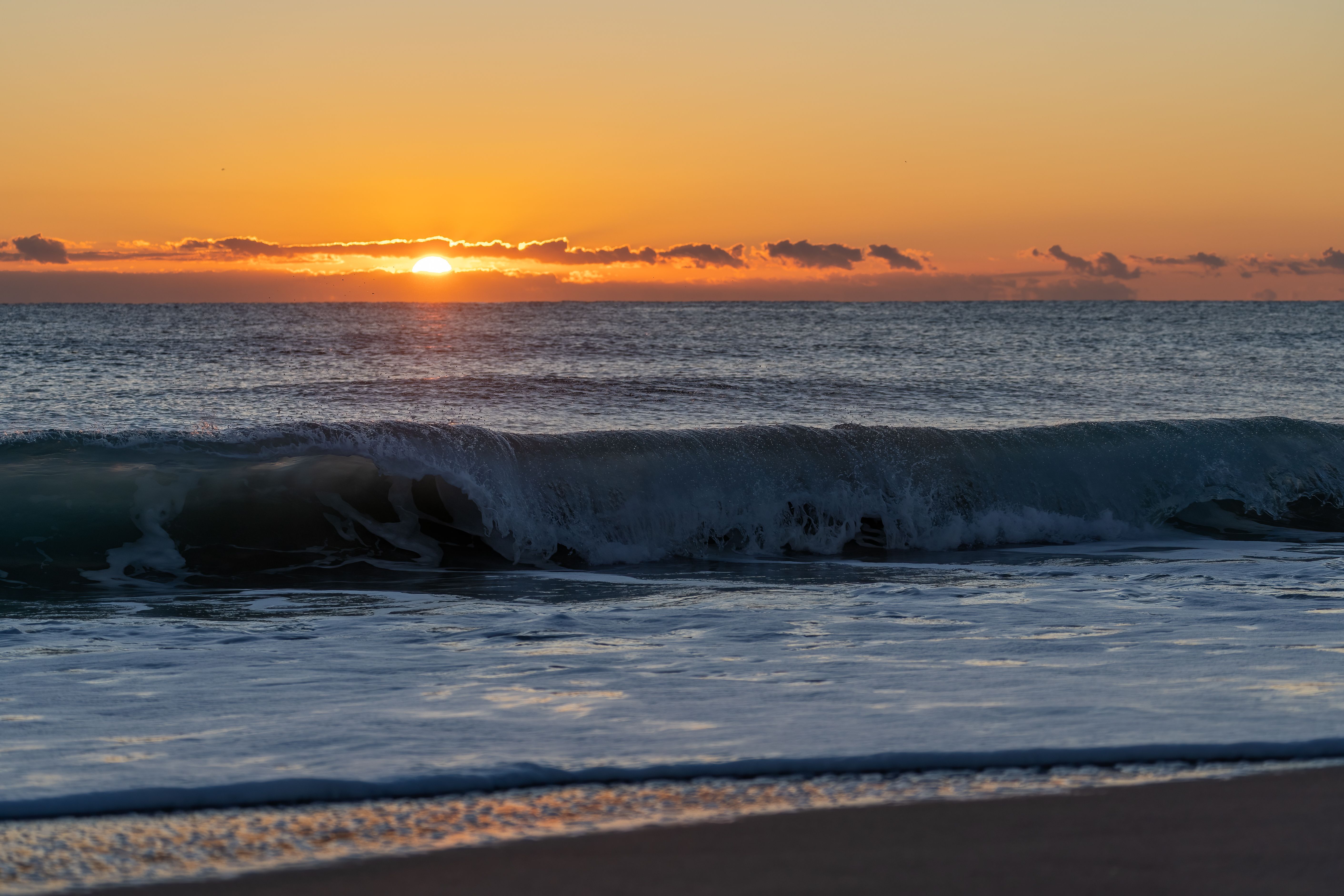 Serene Beachfront Sunset over Ocean Waves · Free Stock Photo