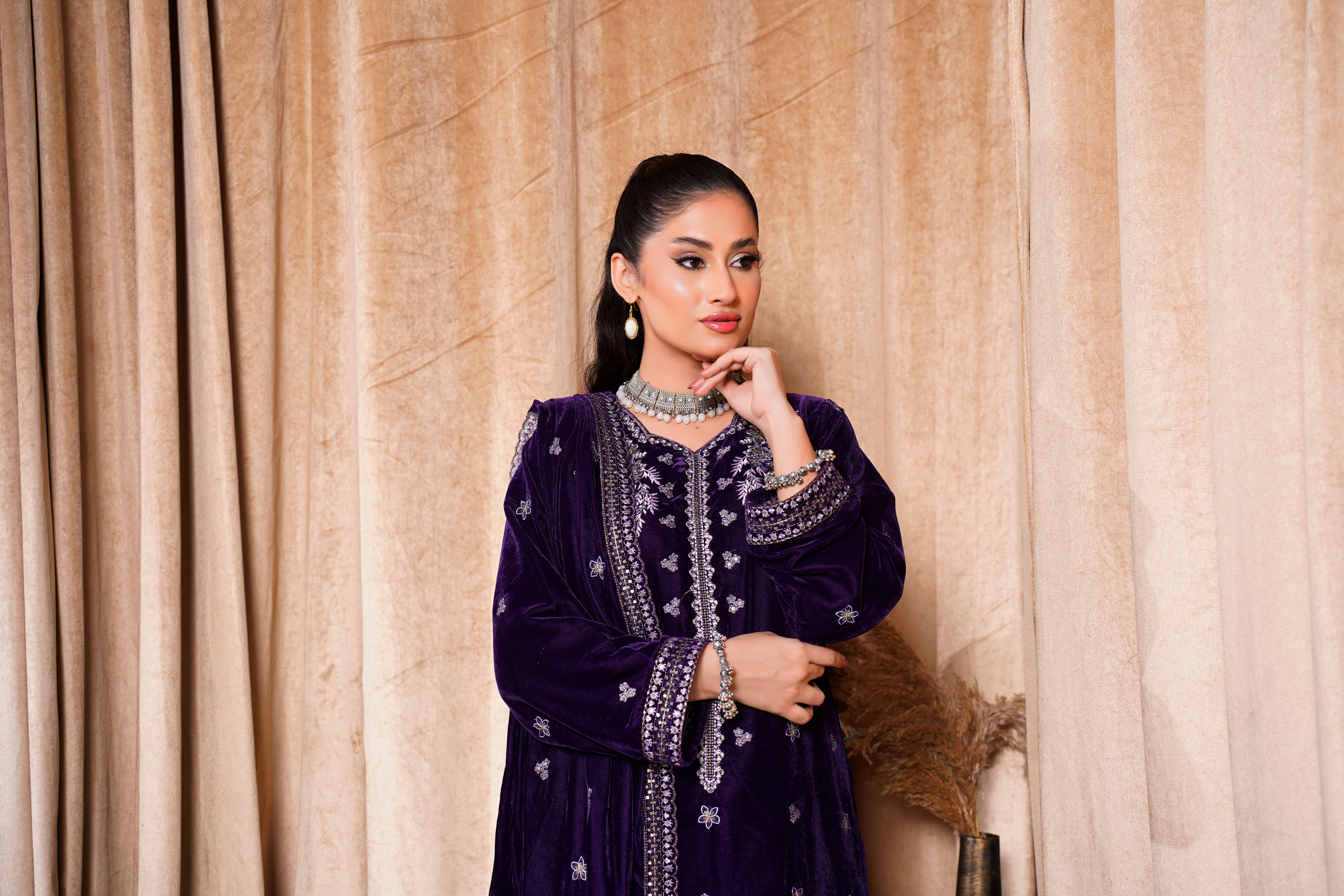 Elegant Model in Purple Embroidered Dress · Free Stock Photo