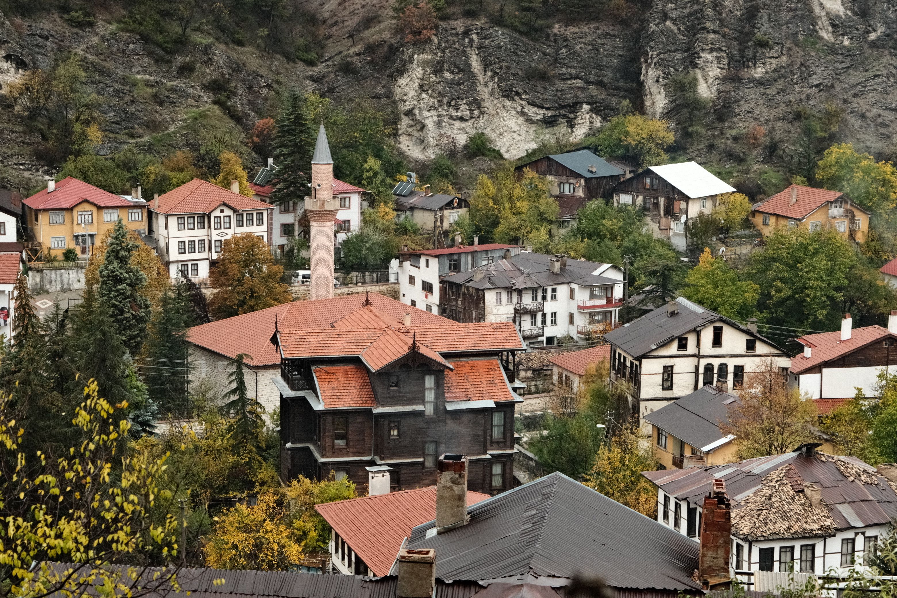 Picturesque Town with Autumn Foliage and Hillside · Free Stock Photo