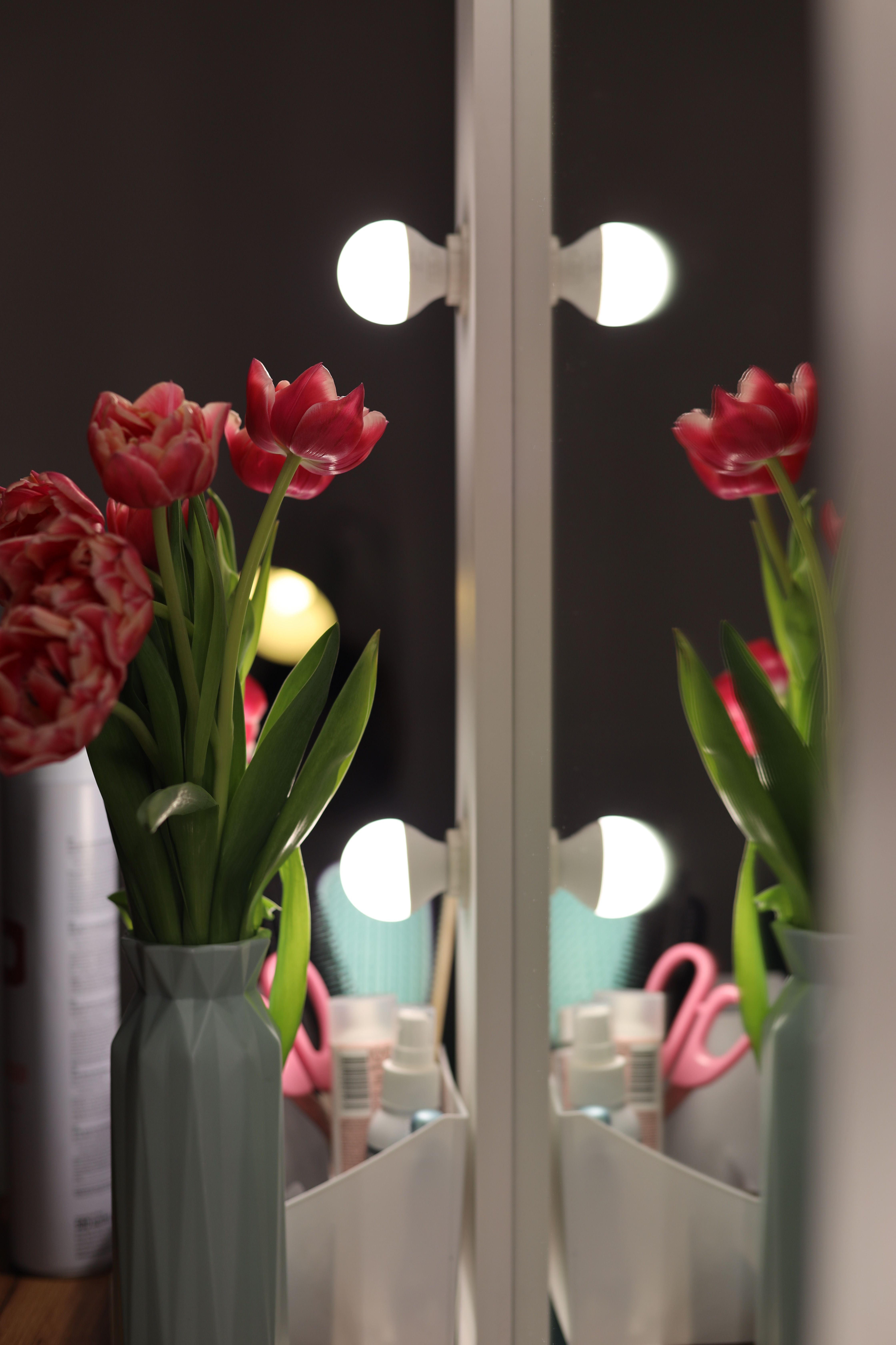 Elegant Tulips and Mirror Reflection Vanity Setup · Free Stock Photo