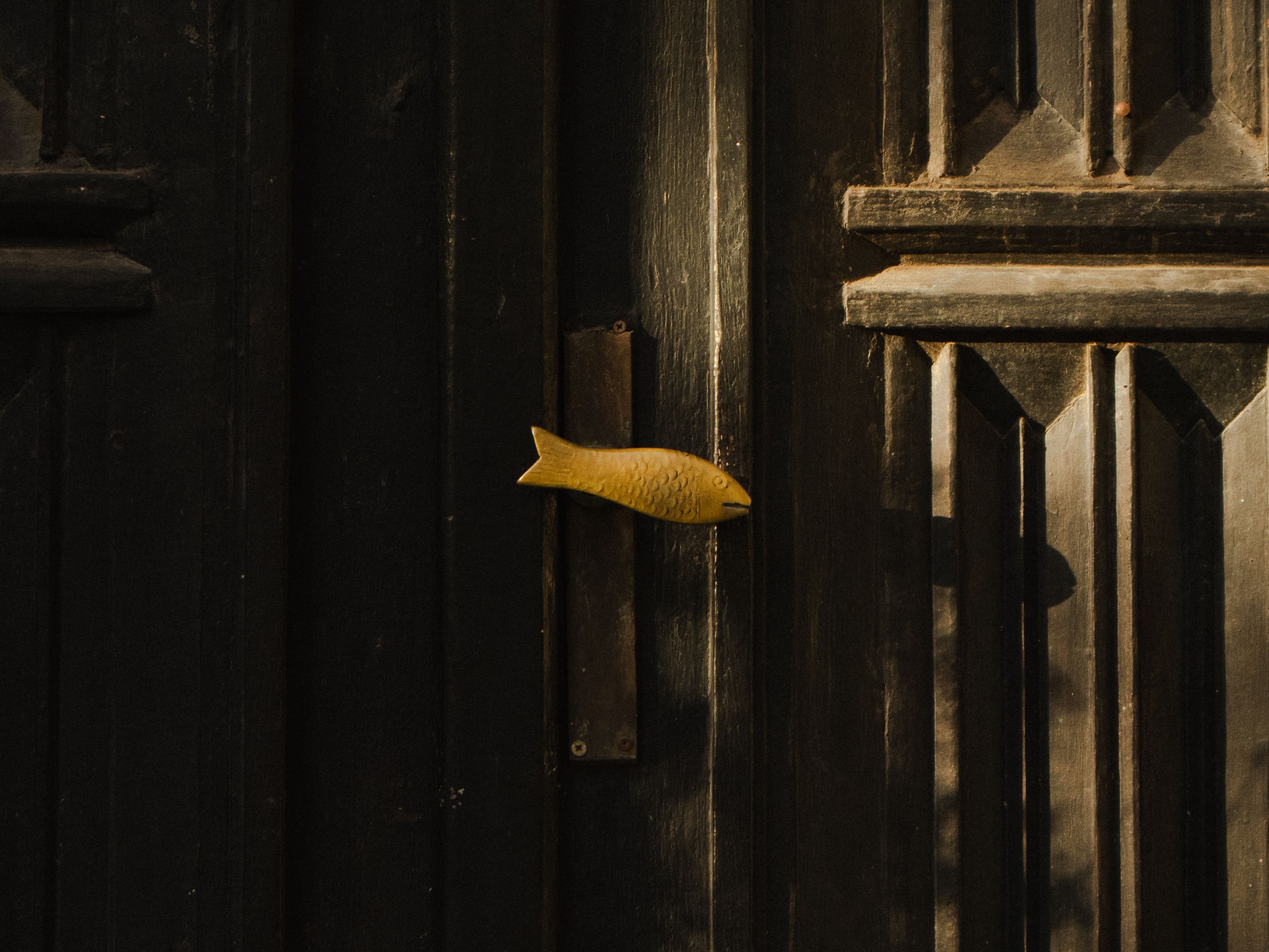 Rustic Wooden Door with Yellow Fish Handle · Free Stock Photo