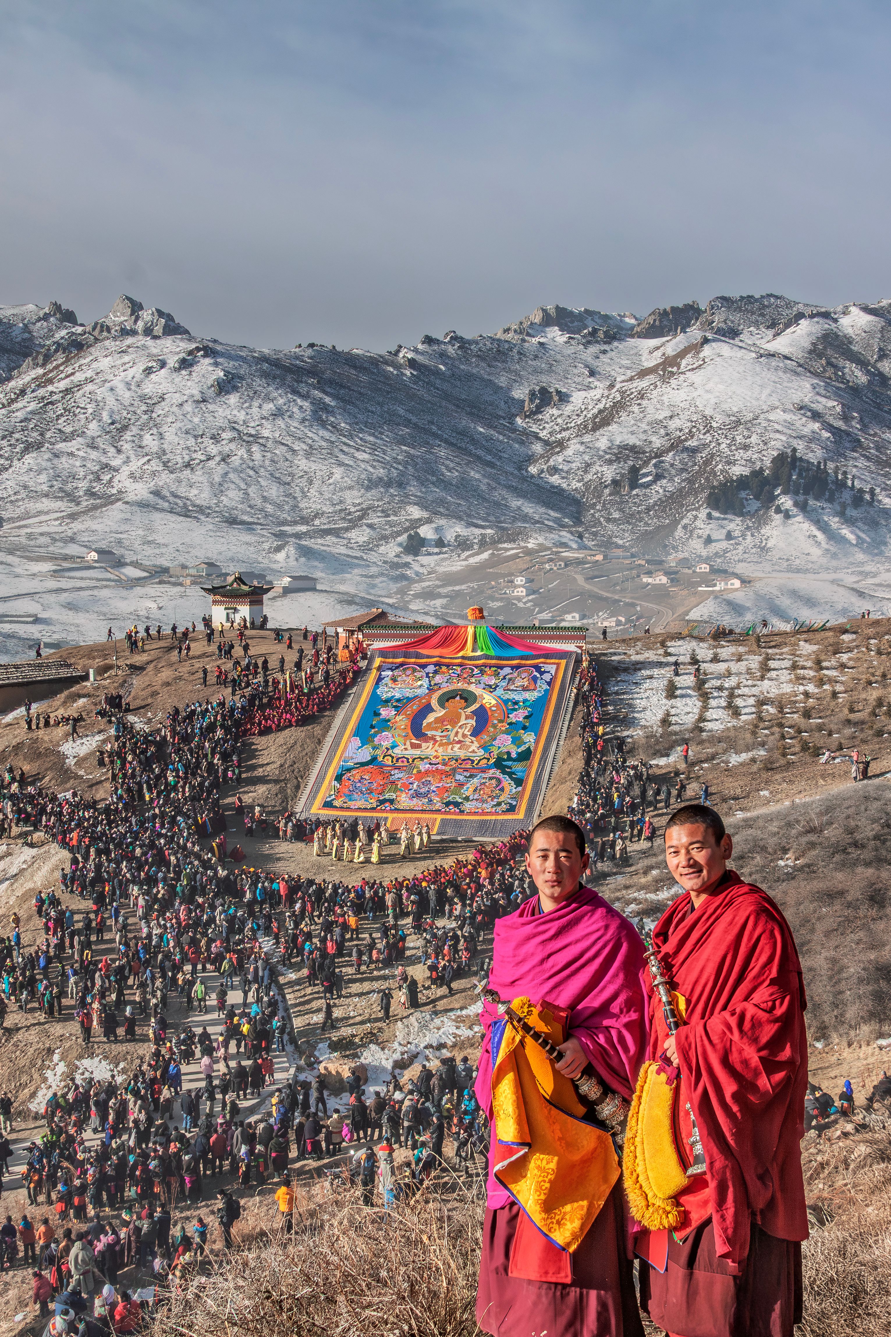 Monks Celebrate Festival with Giant Thangka Display · Free Stock Photo