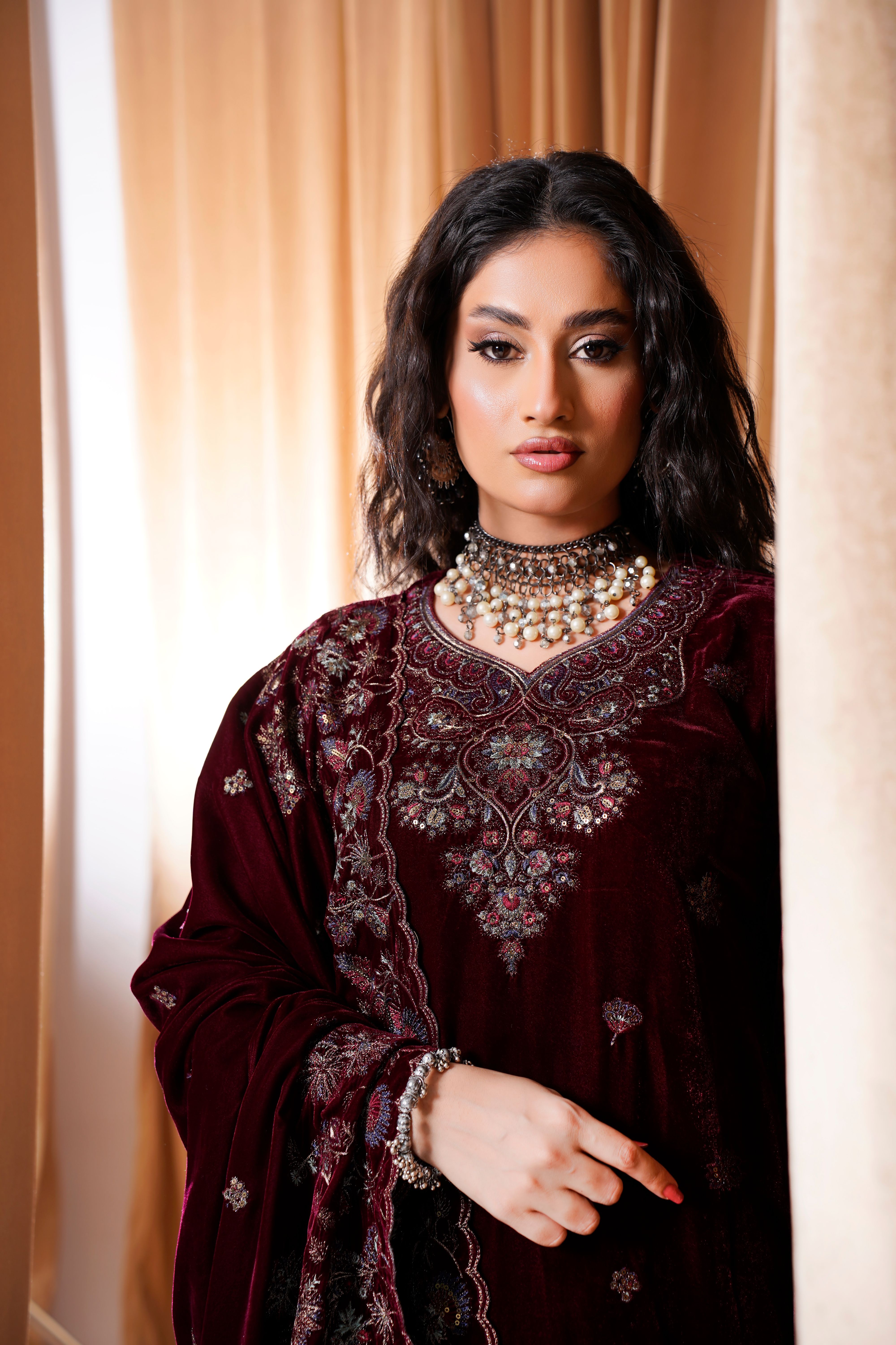 Elegant Velvet Embroidered Dress Portrait · Free Stock Photo