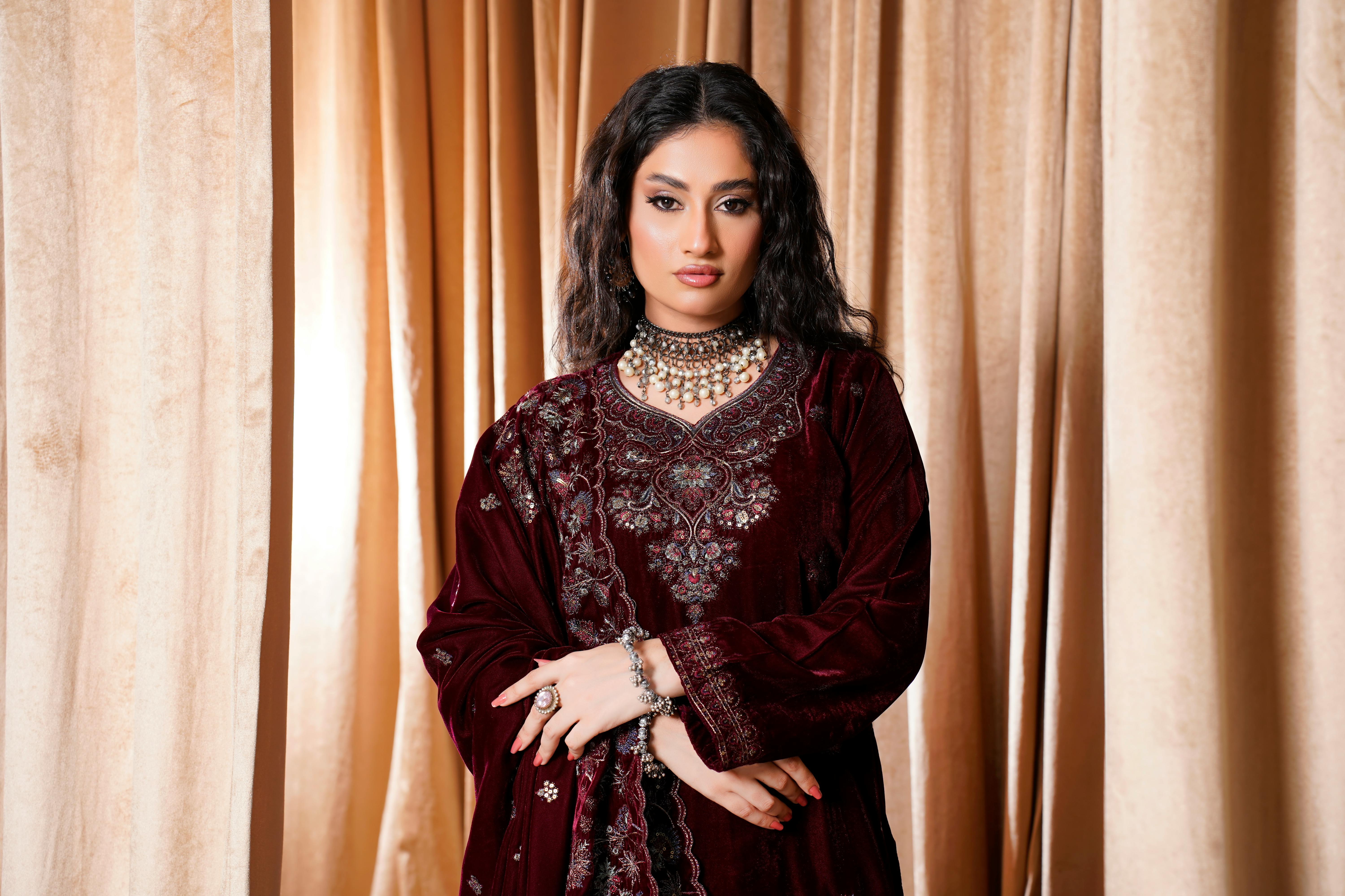 Elegant Velvet Fashion Portrait with Embroidery · Free Stock Photo