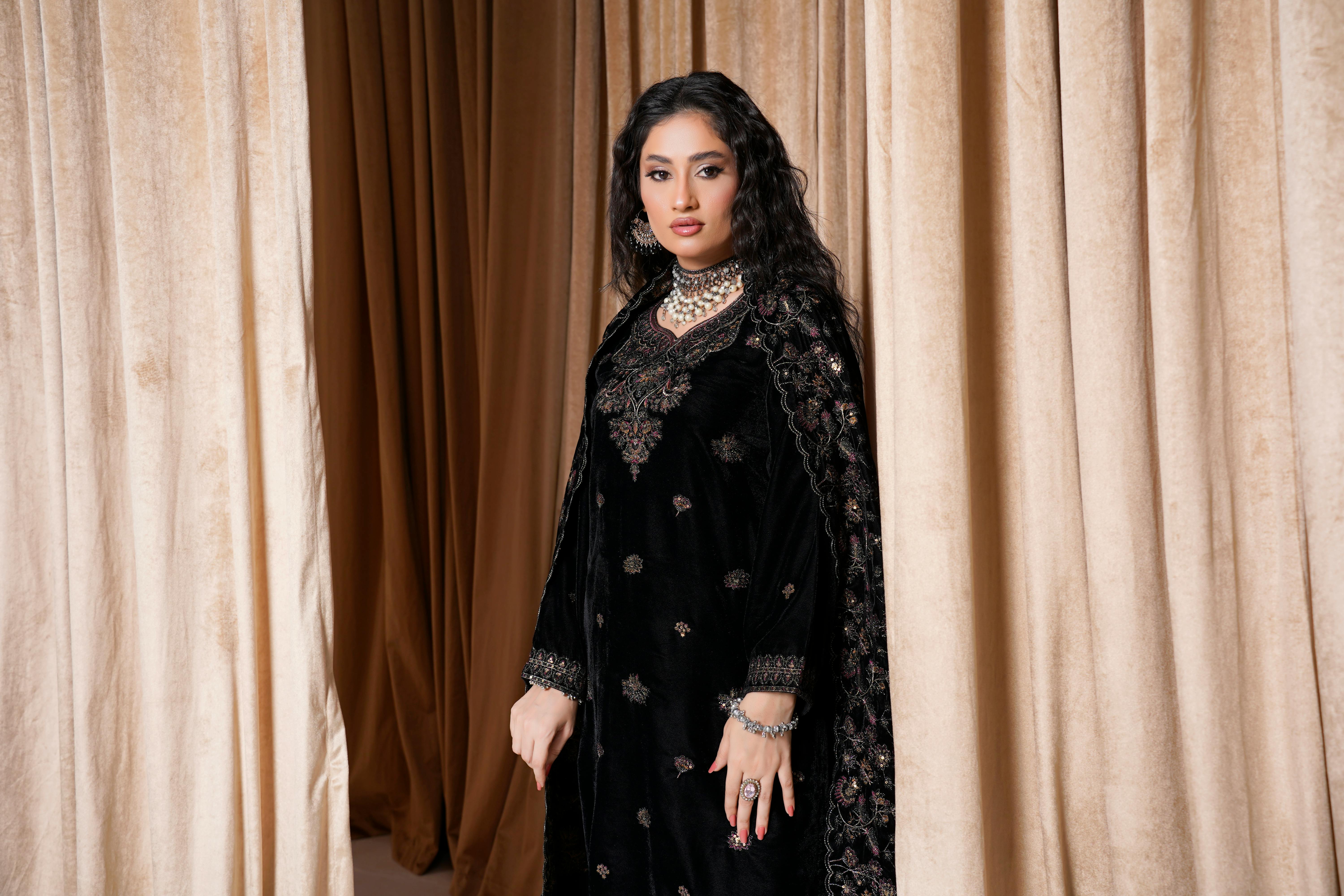 Elegant Velvet Fashion Portrait with Embroidery · Free Stock Photo