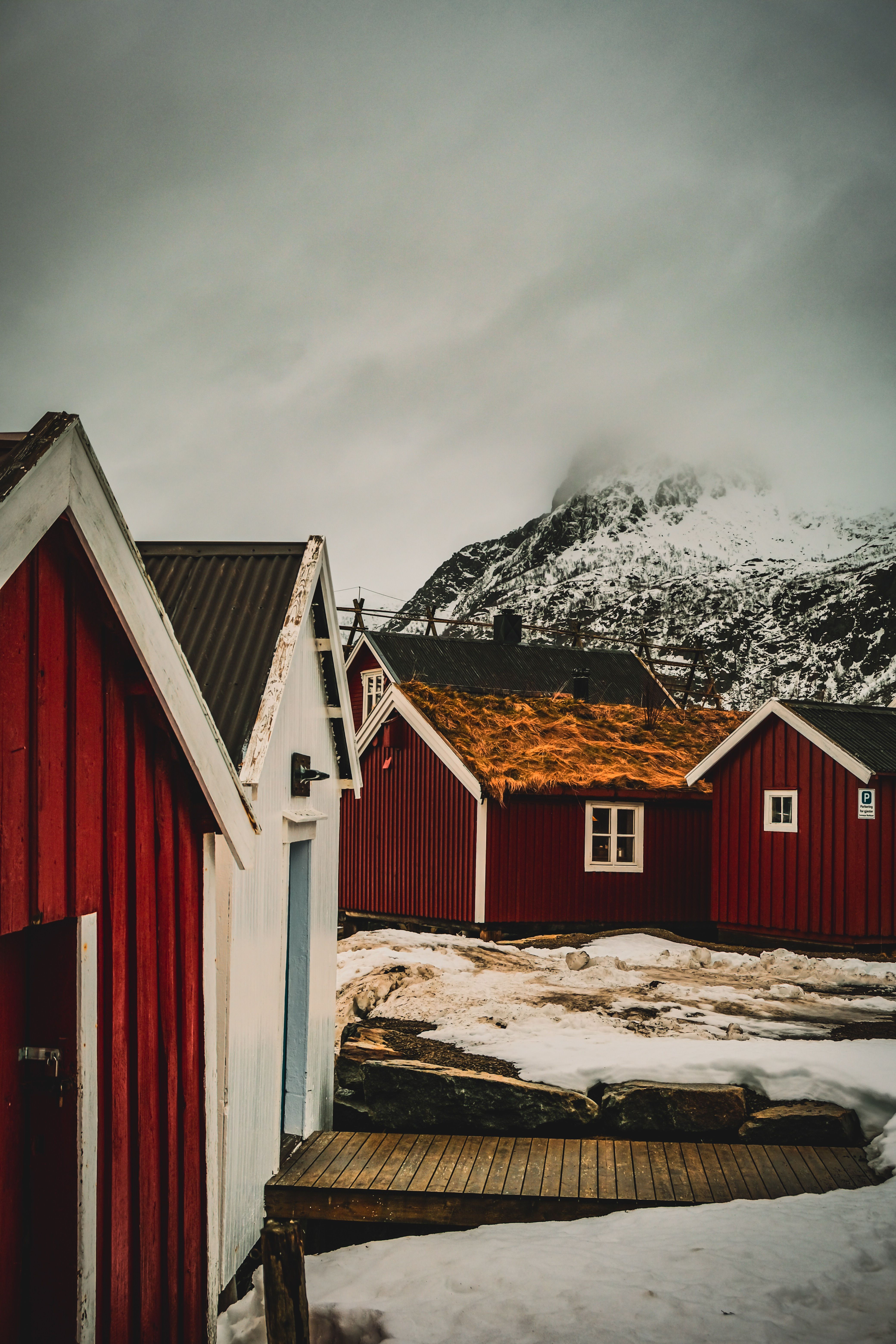 Traditional Red Houses in Snowy Norwegian Landscape · Free Stock Photo