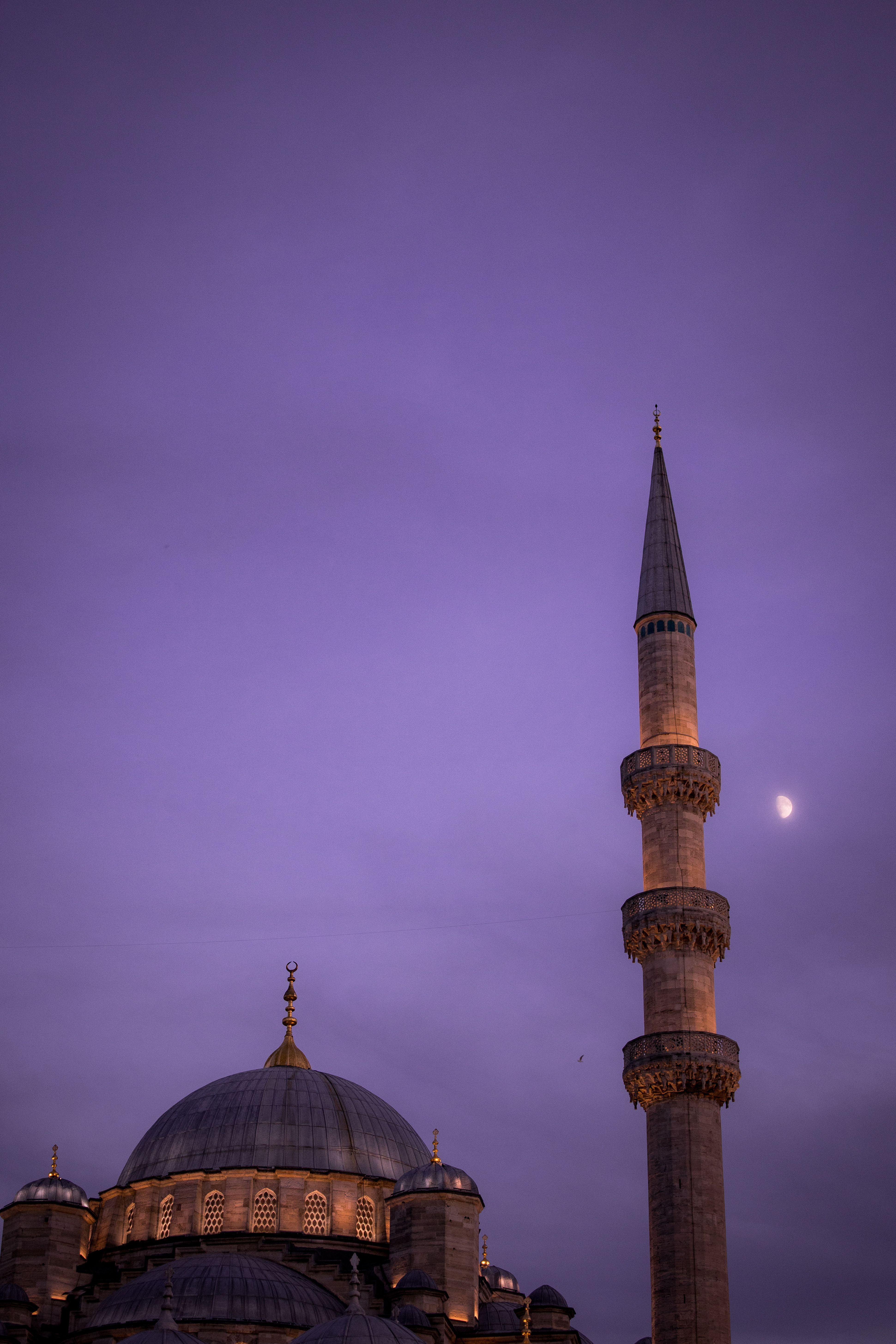 Majestic Mosque at Dusk with Crescent Moon · Free Stock Photo