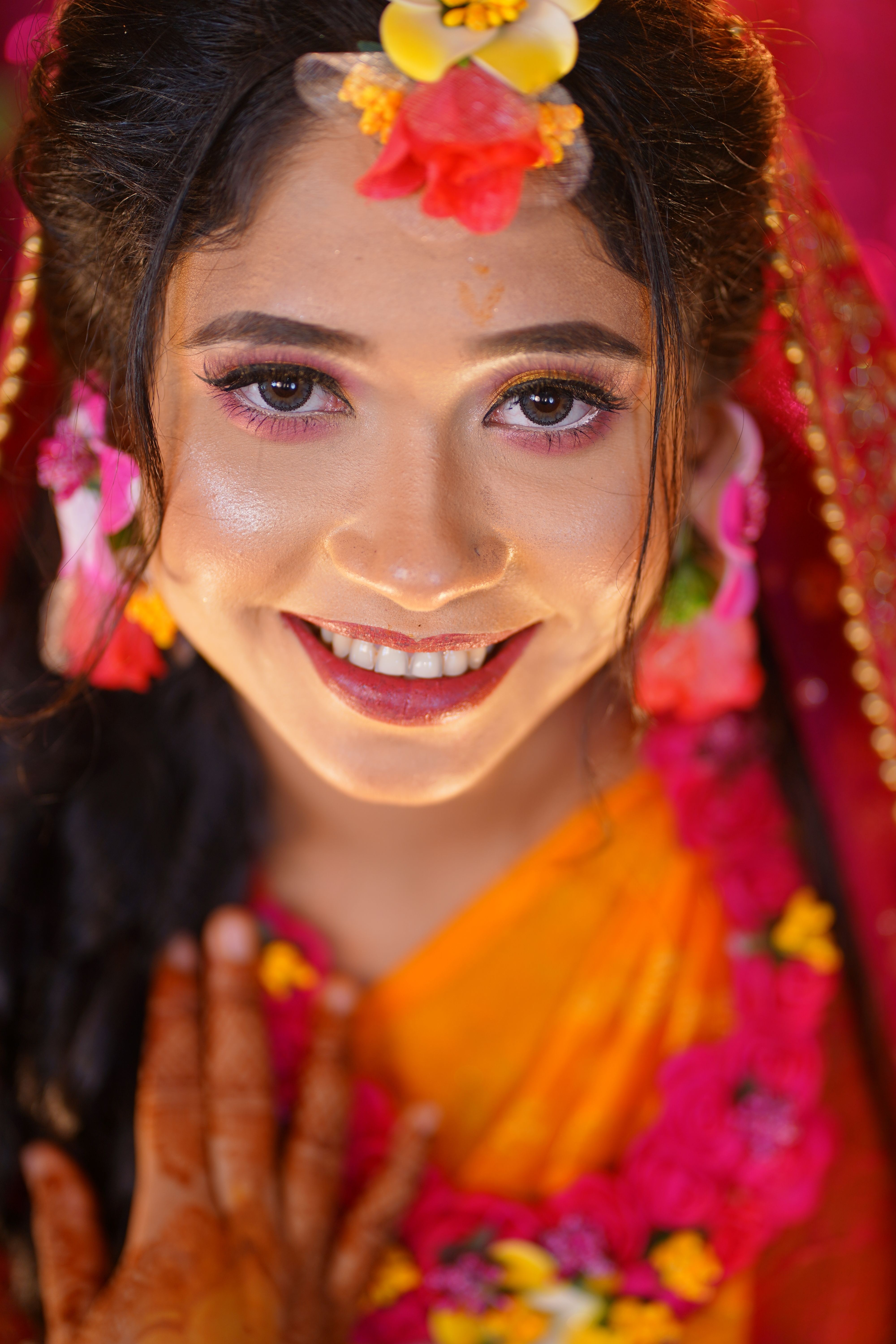 Vibrant Traditional Bridal Portrait with Floral Adornments · Free Stock ...