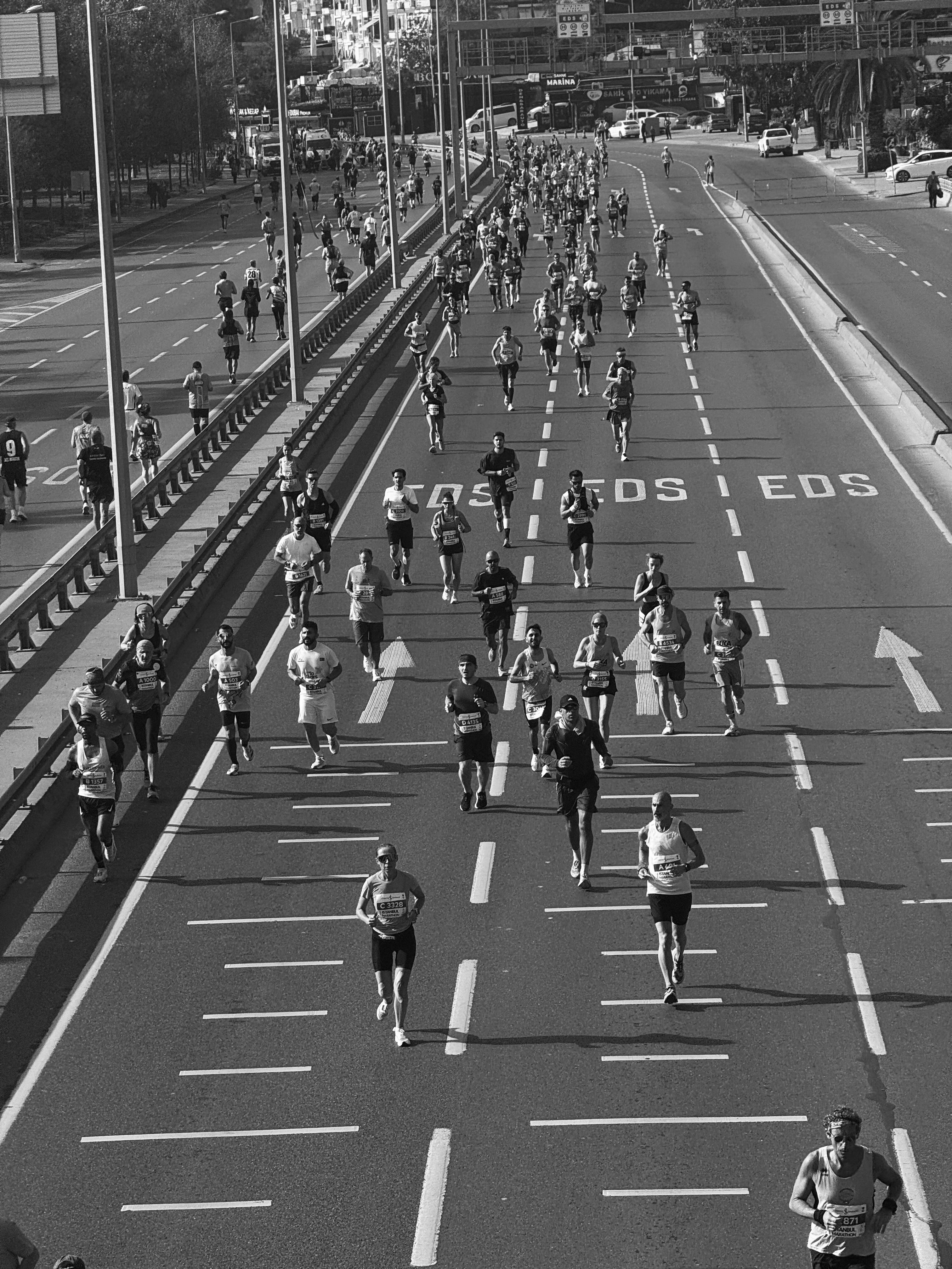 Monochrome Marathon Runners on City Street · Free Stock Photo
