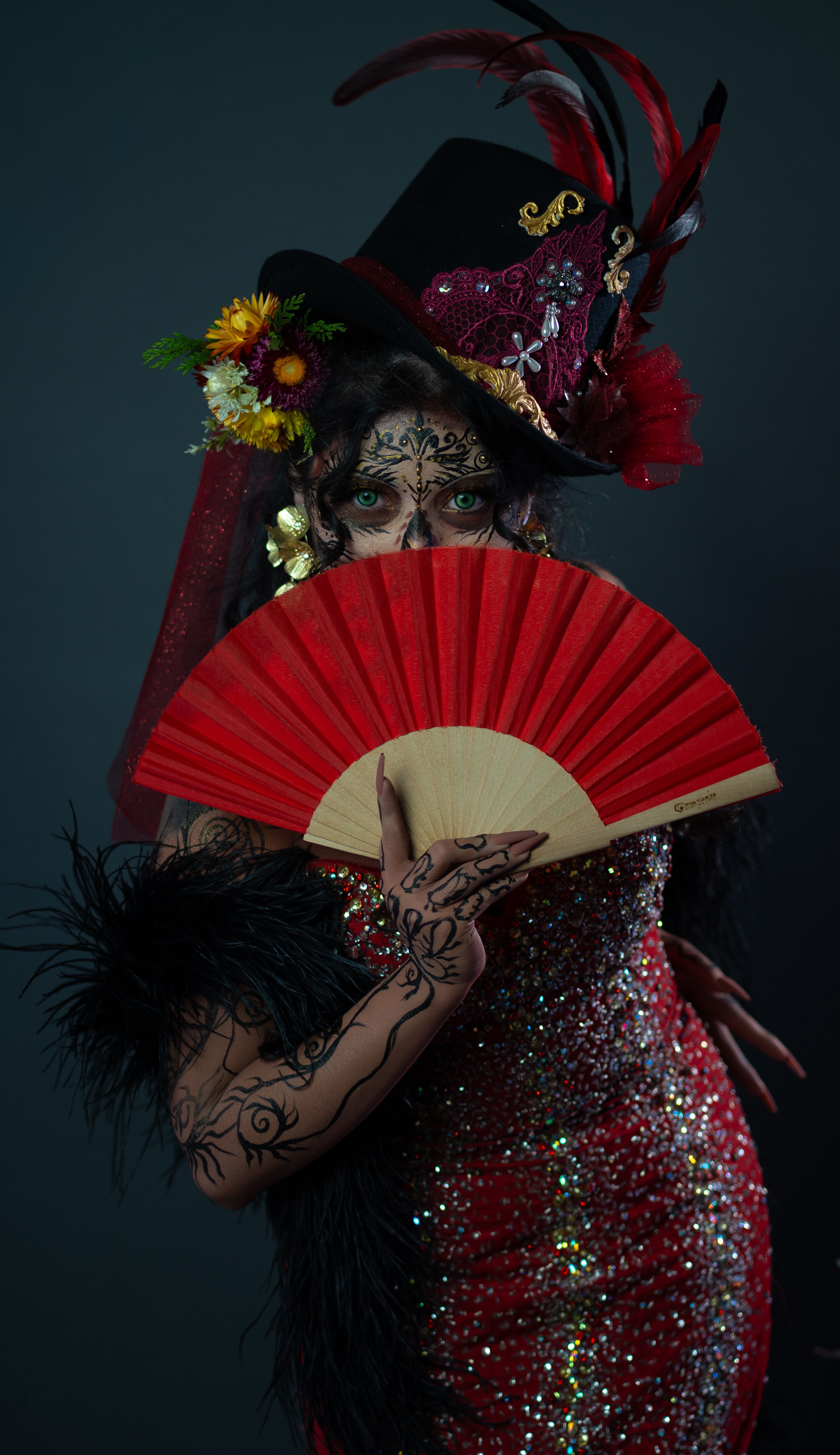 Elegant Catrina Portrait with Red Fan in Mexico City · Free Stock Photo
