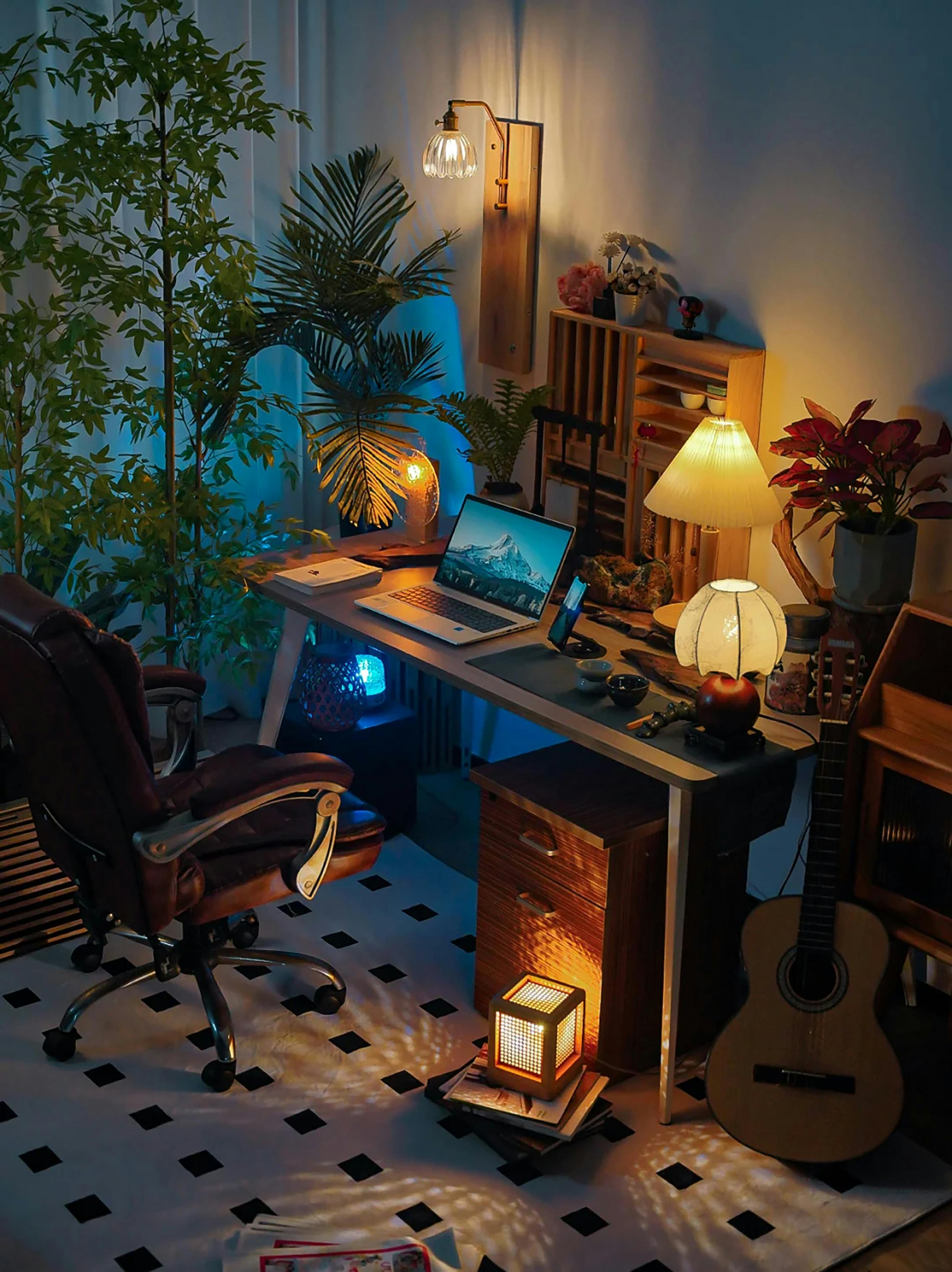 Cozy Home Office Setup with Ambient Lighting · Free Stock Photo