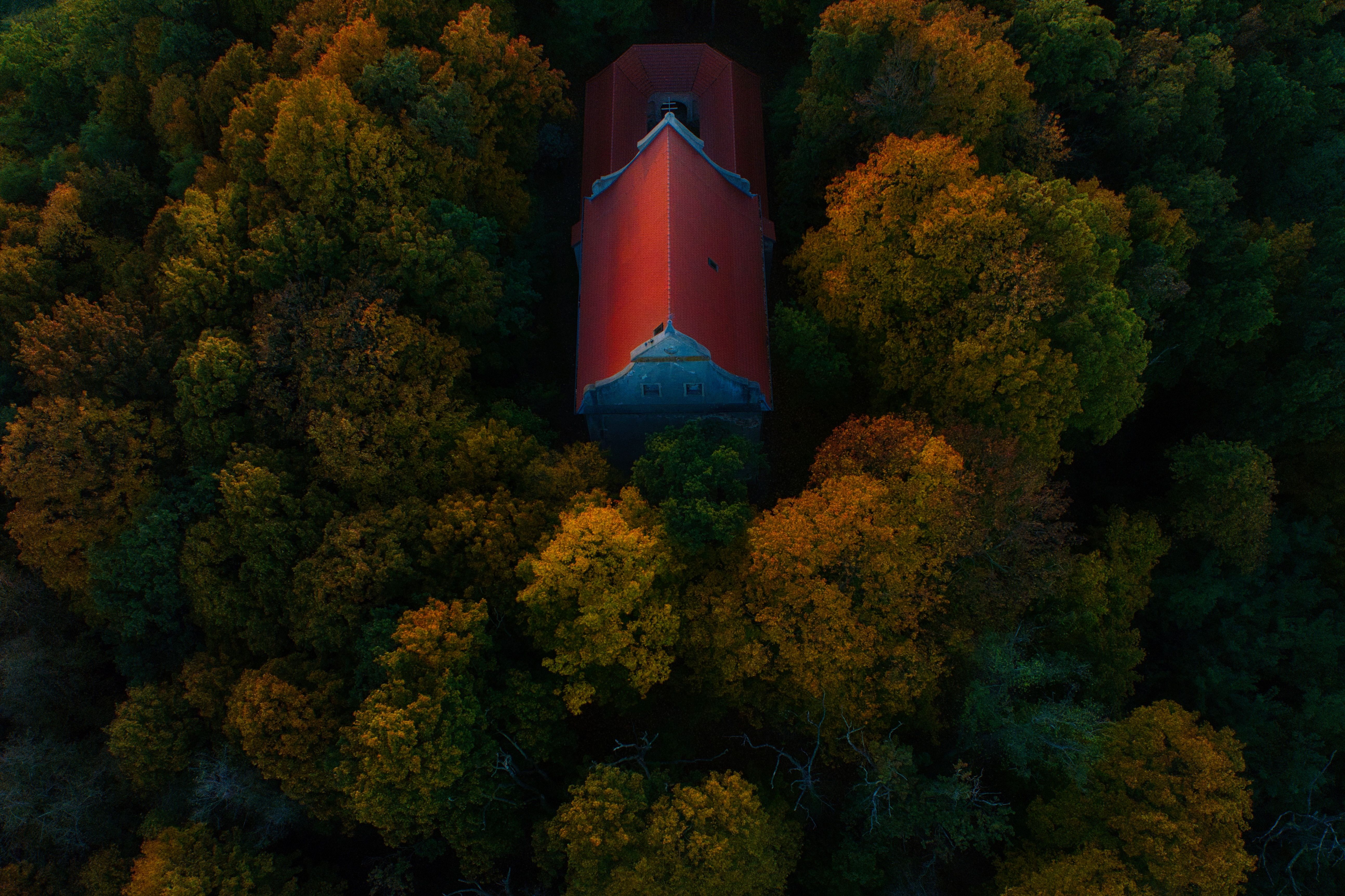 Aerial View of Red Roof House in Autumn Forest · Free Stock Photo