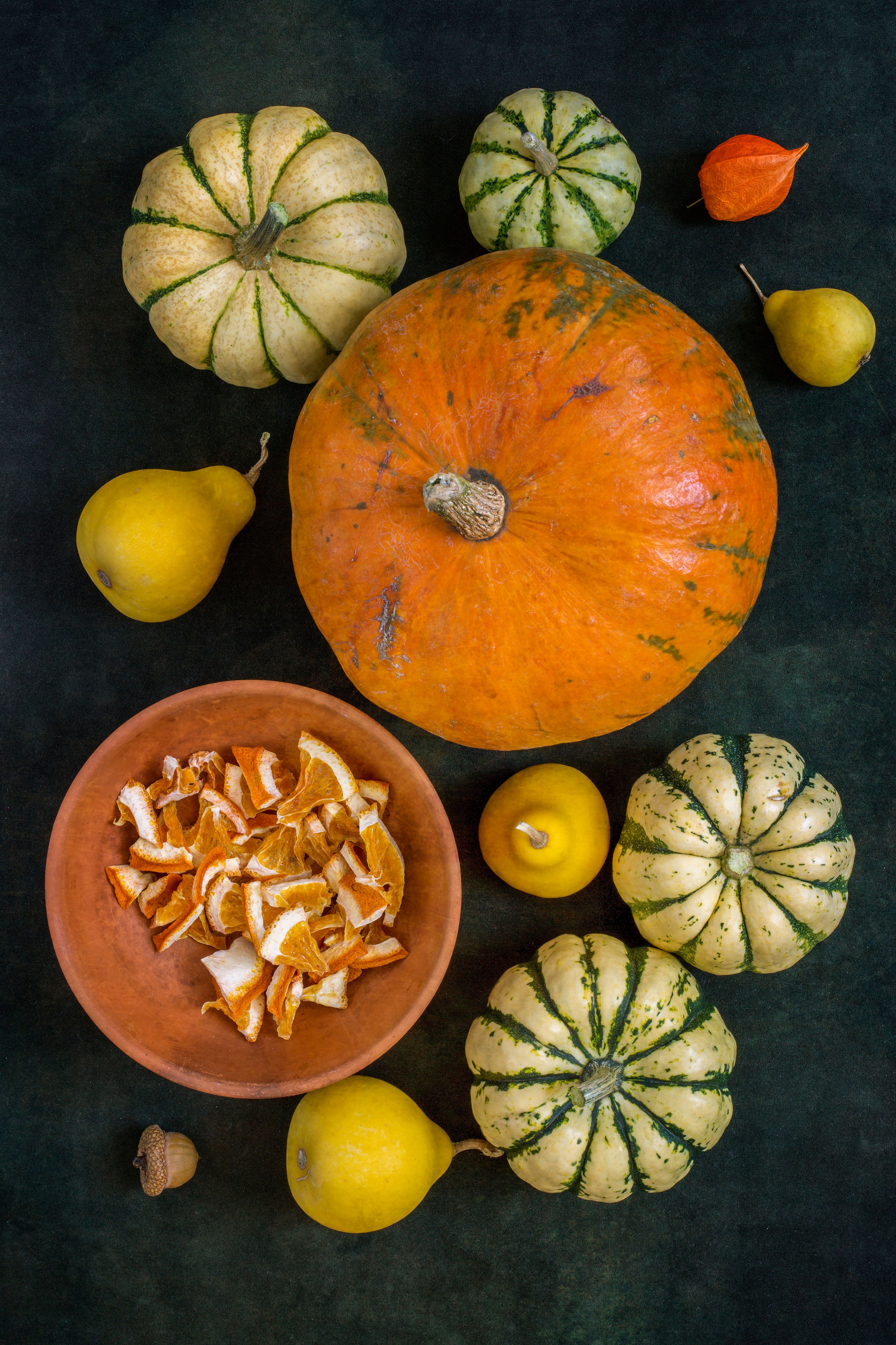 Flat Lay of Autumn Harvest with Pumpkins and Pears · Free Stock Photo