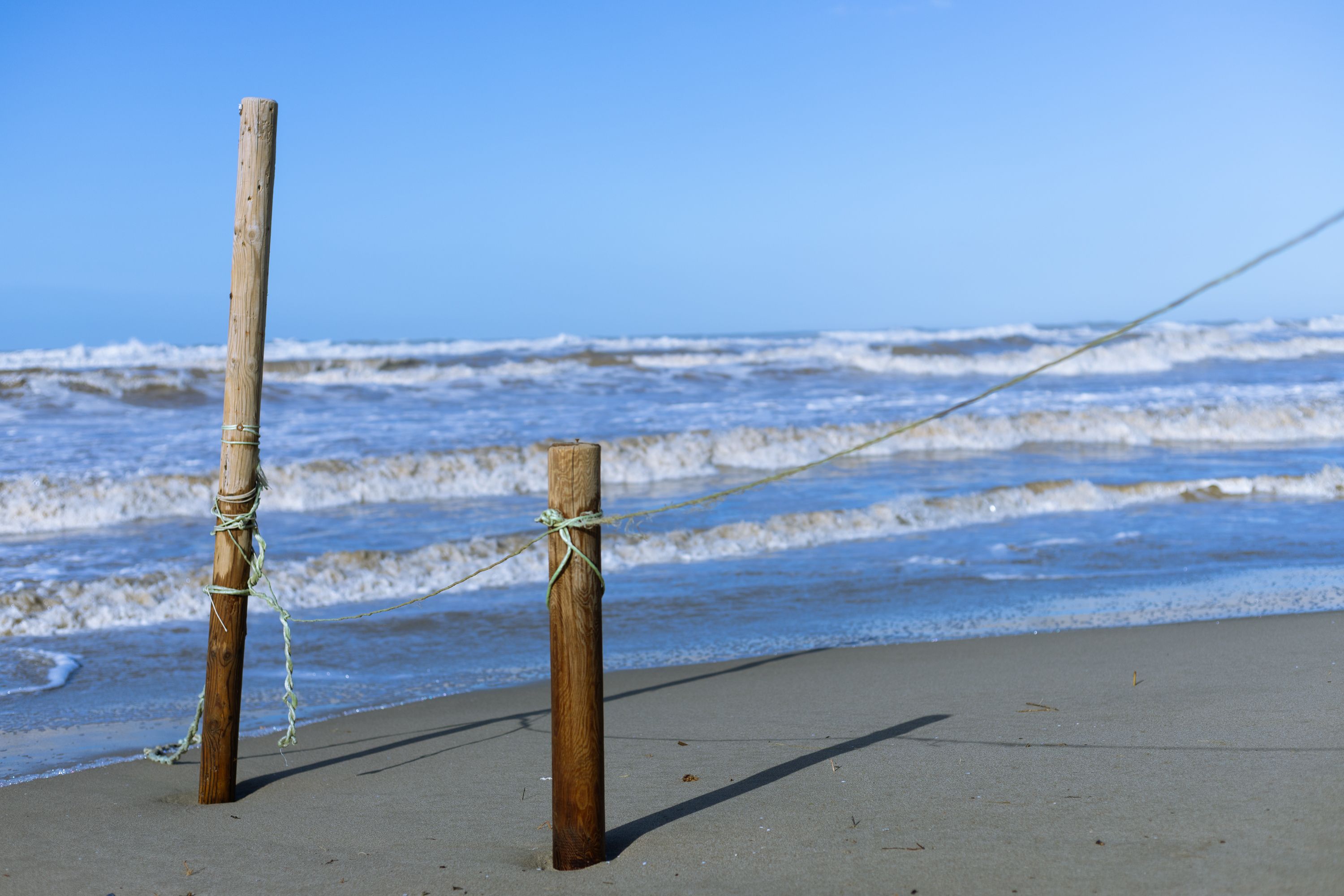 Tranquil Beach Scene with Wooden Posts and Waves · Free Stock Photo