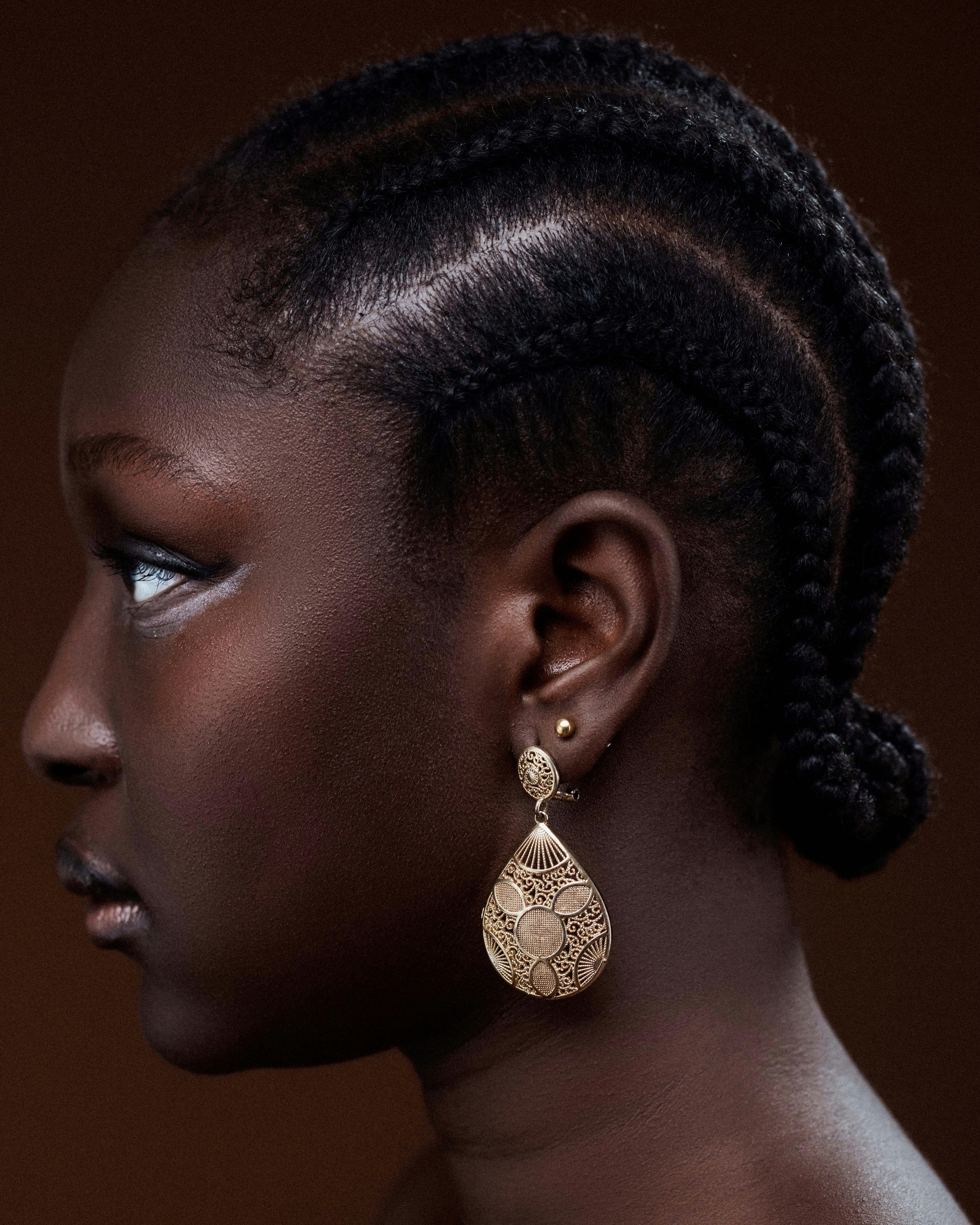 Profil élégant Avec Coiffure Tressée Et Boucles D'oreilles · Photo gratuite
