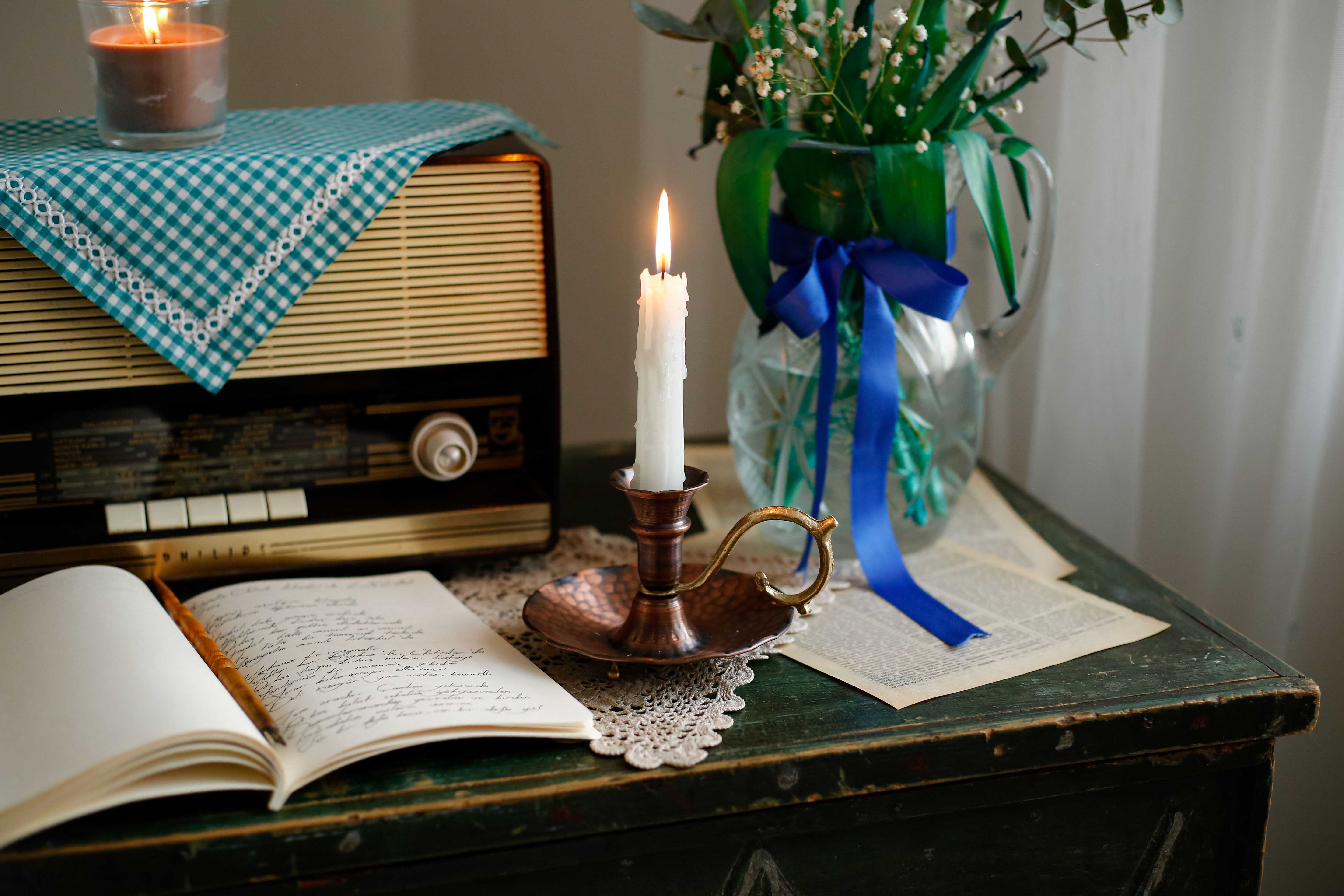 Vintage Desk with Candle and Radio Decor · Free Stock Photo
