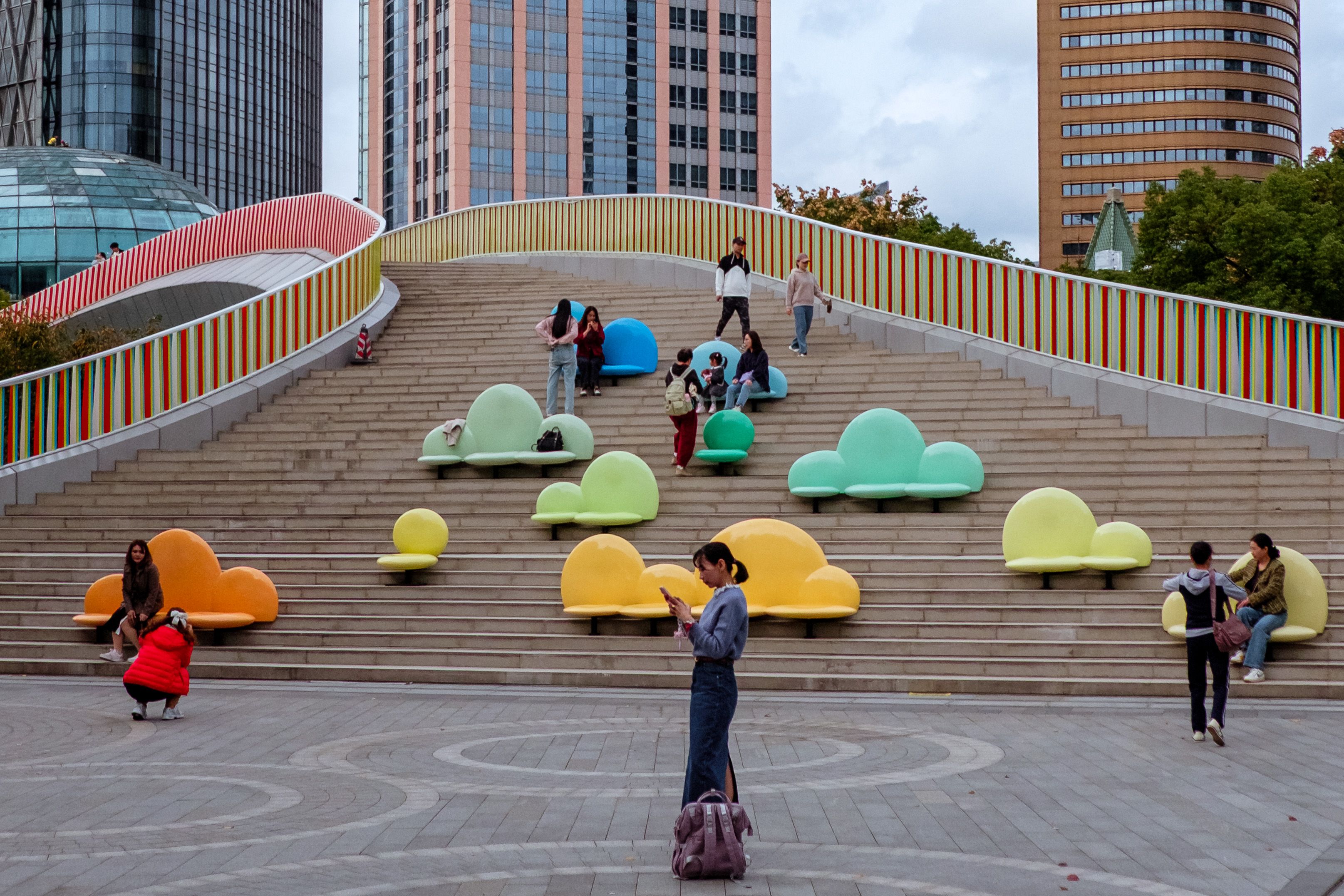 Colorful Urban Stairs with Playful Cloud Seats · Free Stock Photo