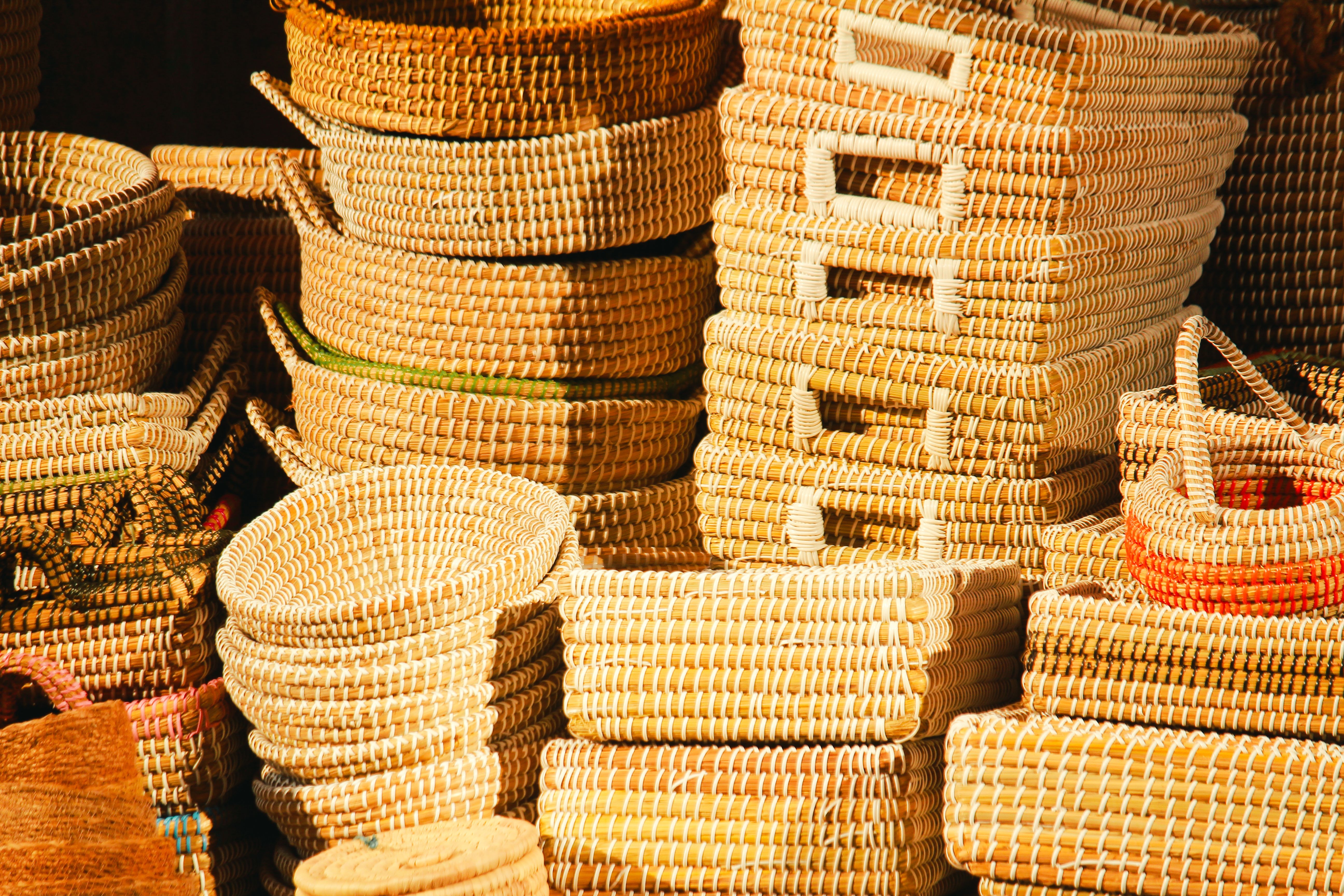 Colorful Handmade Baskets in Market Display · Free Stock Photo