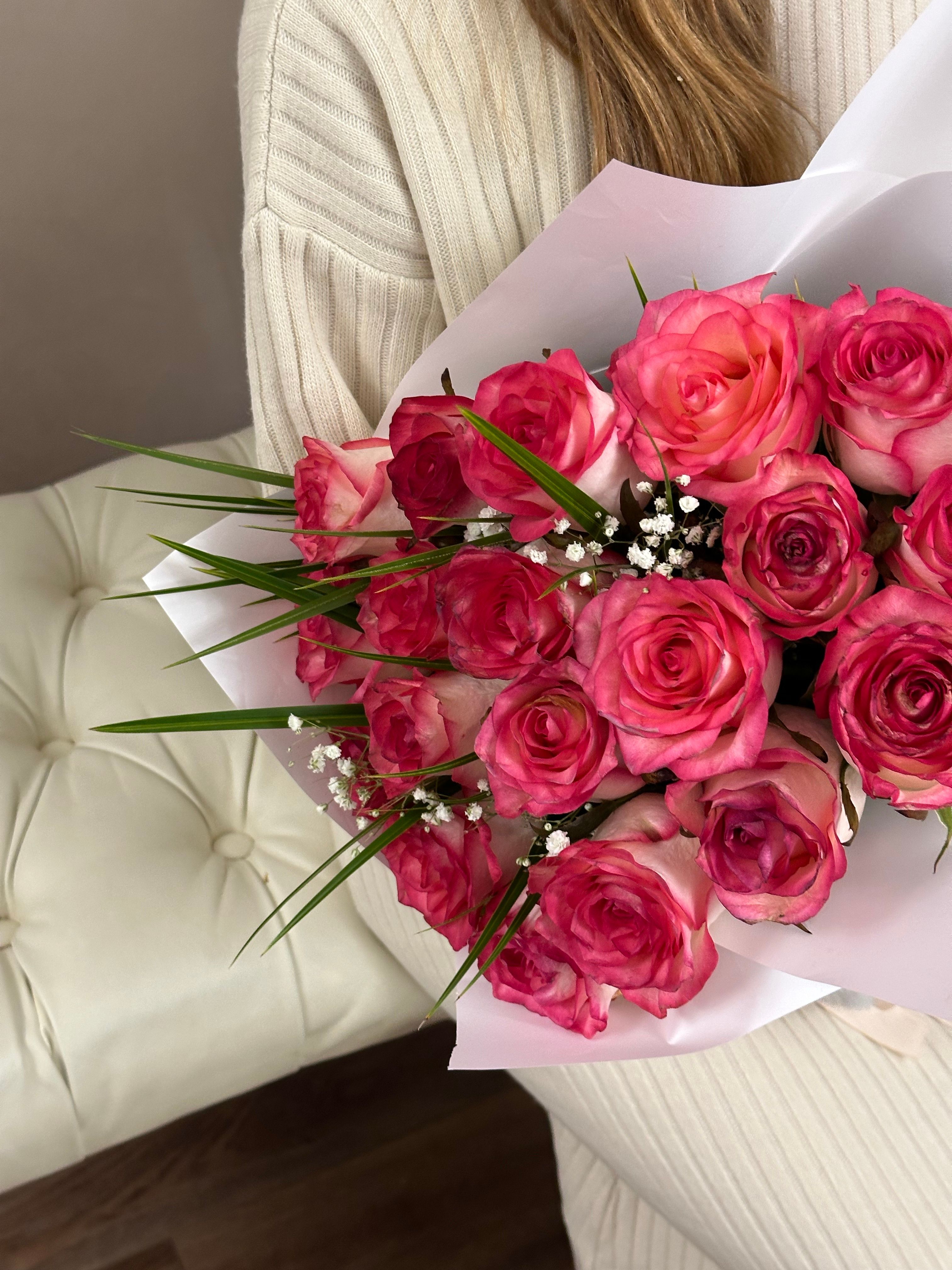Woman Holding Bouquet of Pink Roses Outdoors · Free Stock Photo