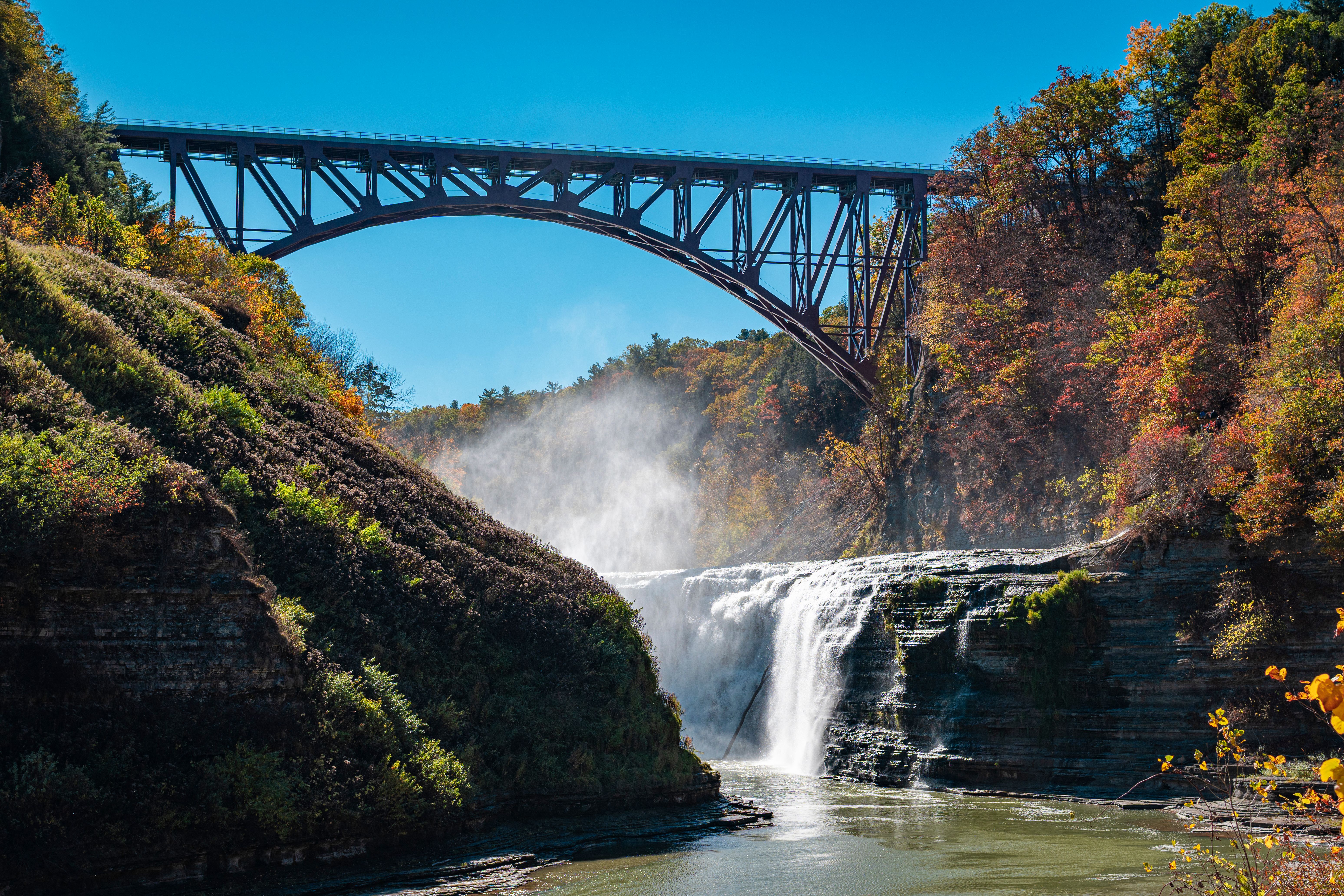 Picturesque Autumn View of a Majestic Waterfall with Bridge · Free ...