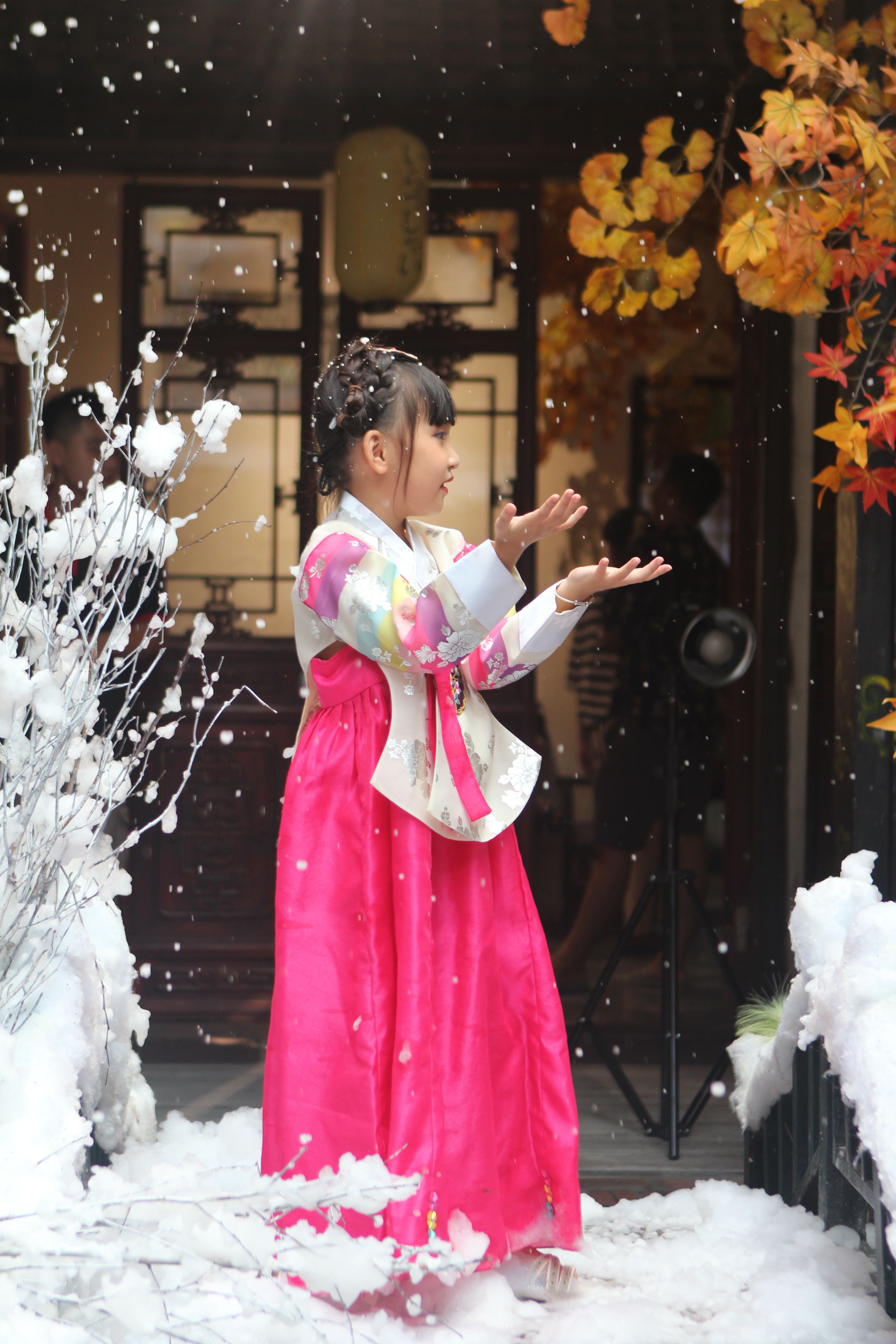 Traditional Hanbok in a Snowy Courtyard Scene · Free Stock Photo