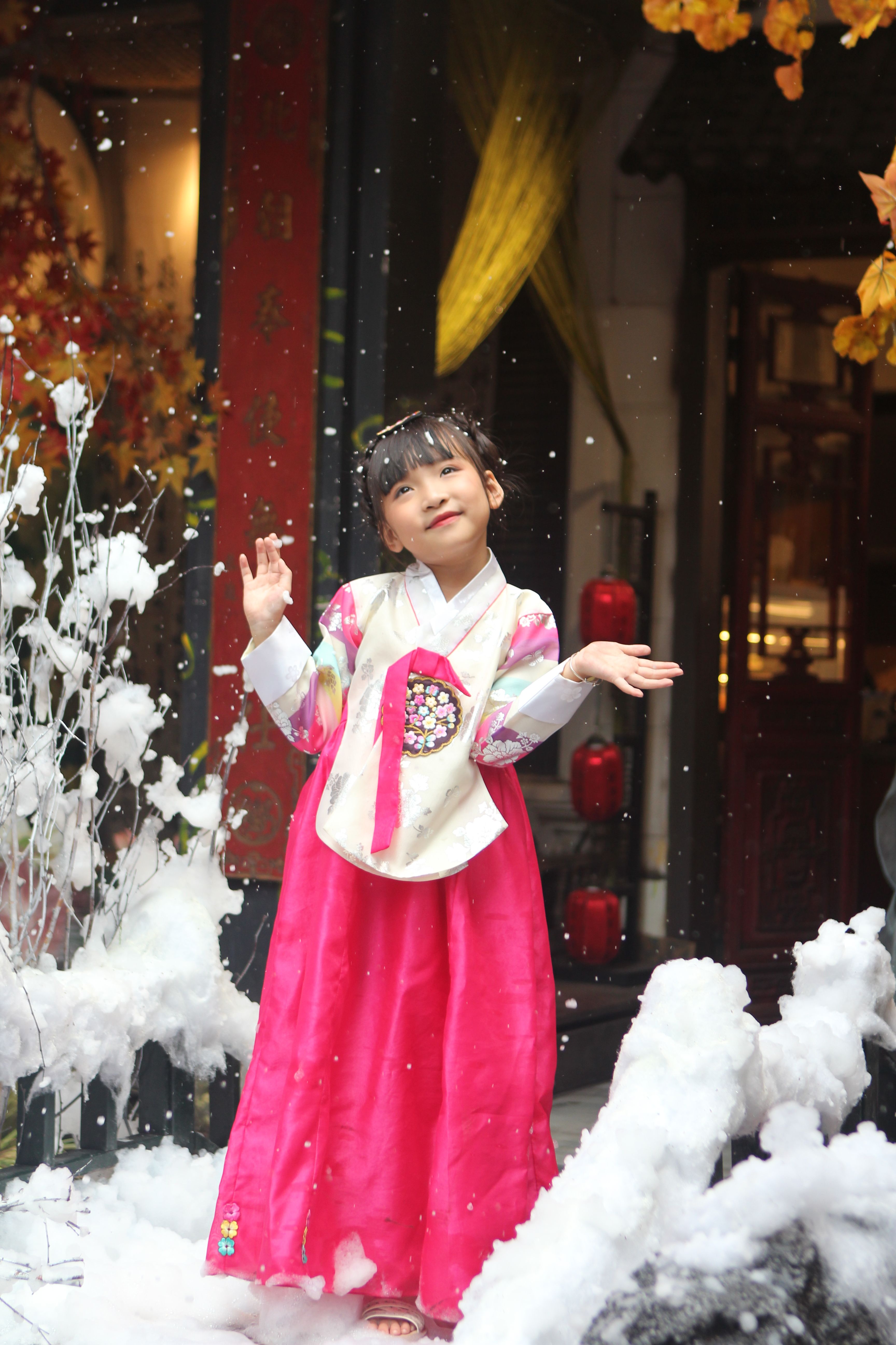 Girl in Traditional Korean Hanbok in Snowy Scene · Free Stock Photo