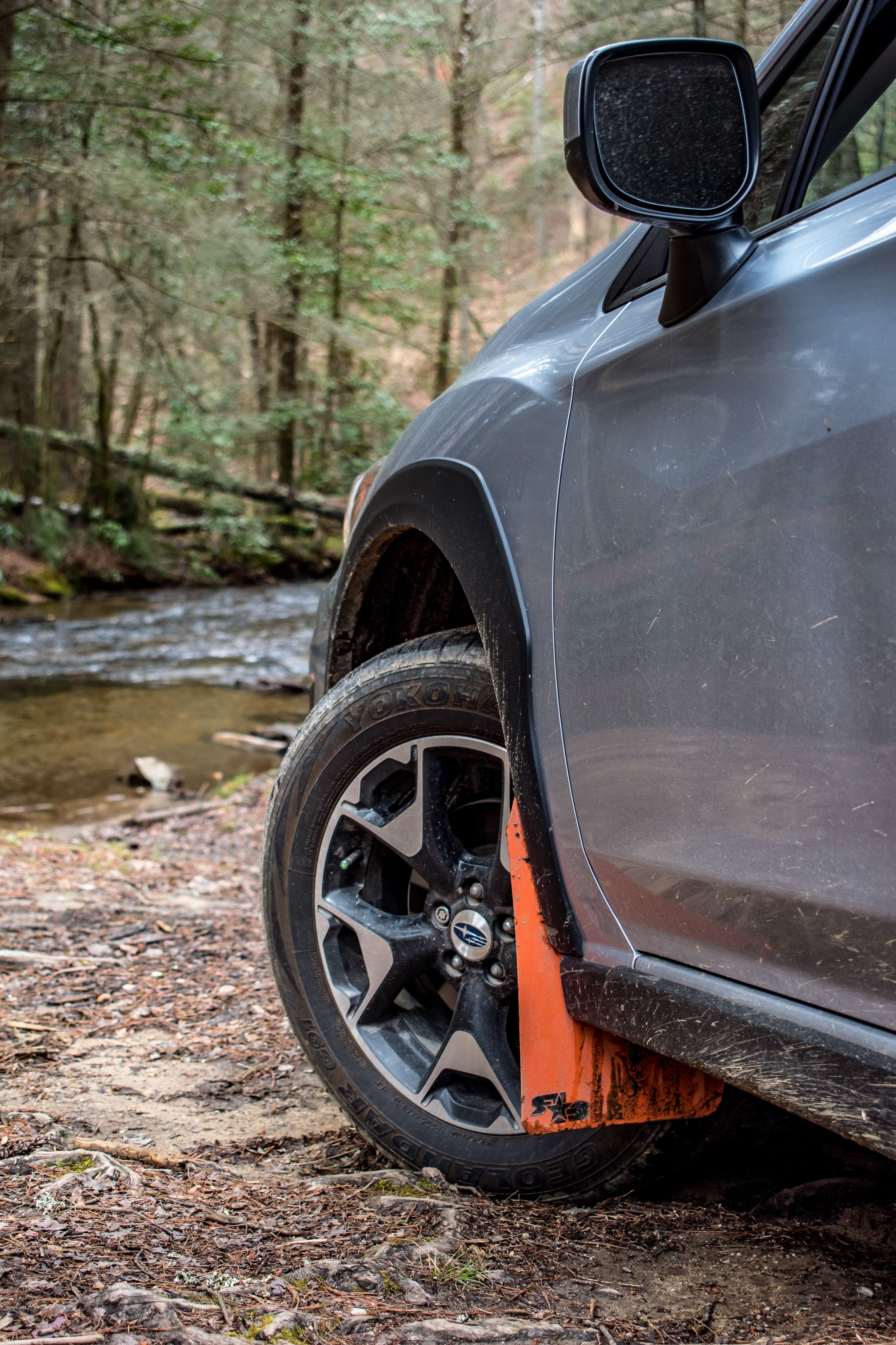 SUV Adventure Close-Up Near a Forest Stream · Free Stock Photo
