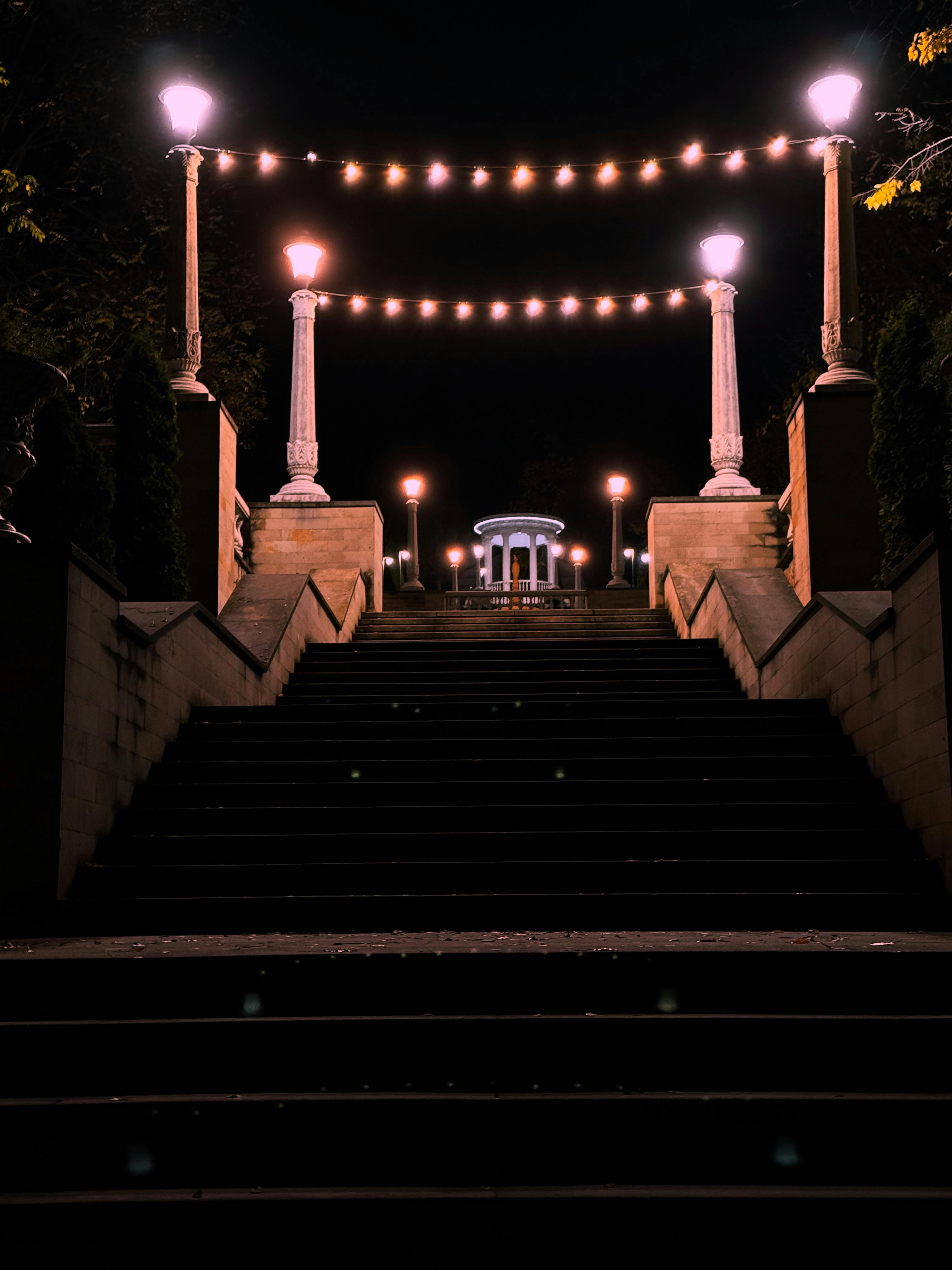 Elegant Night Staircase with String Lights · Free Stock Photo