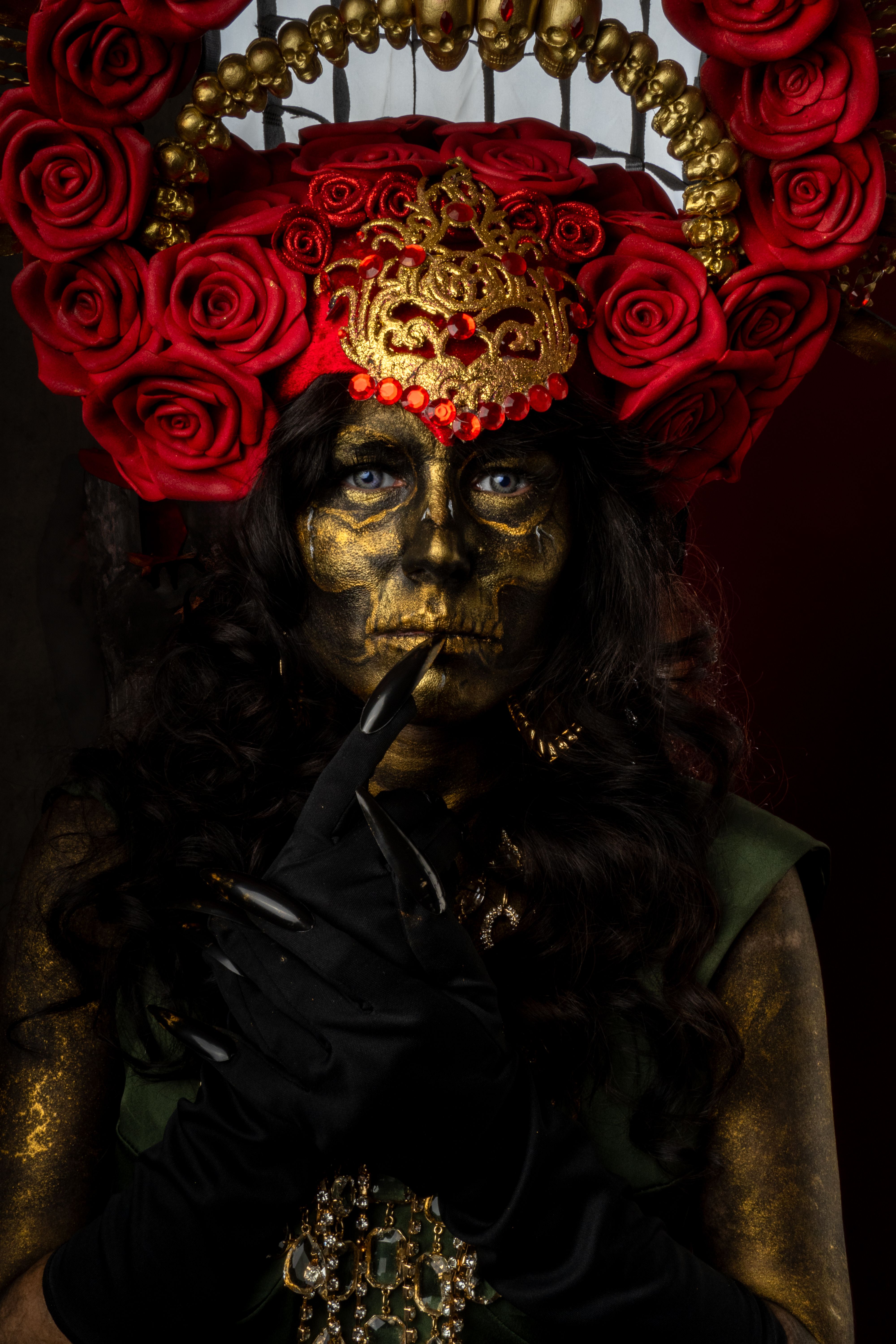 Dramatic Catrina Makeup with Red Rose Headdress · Free Stock Photo