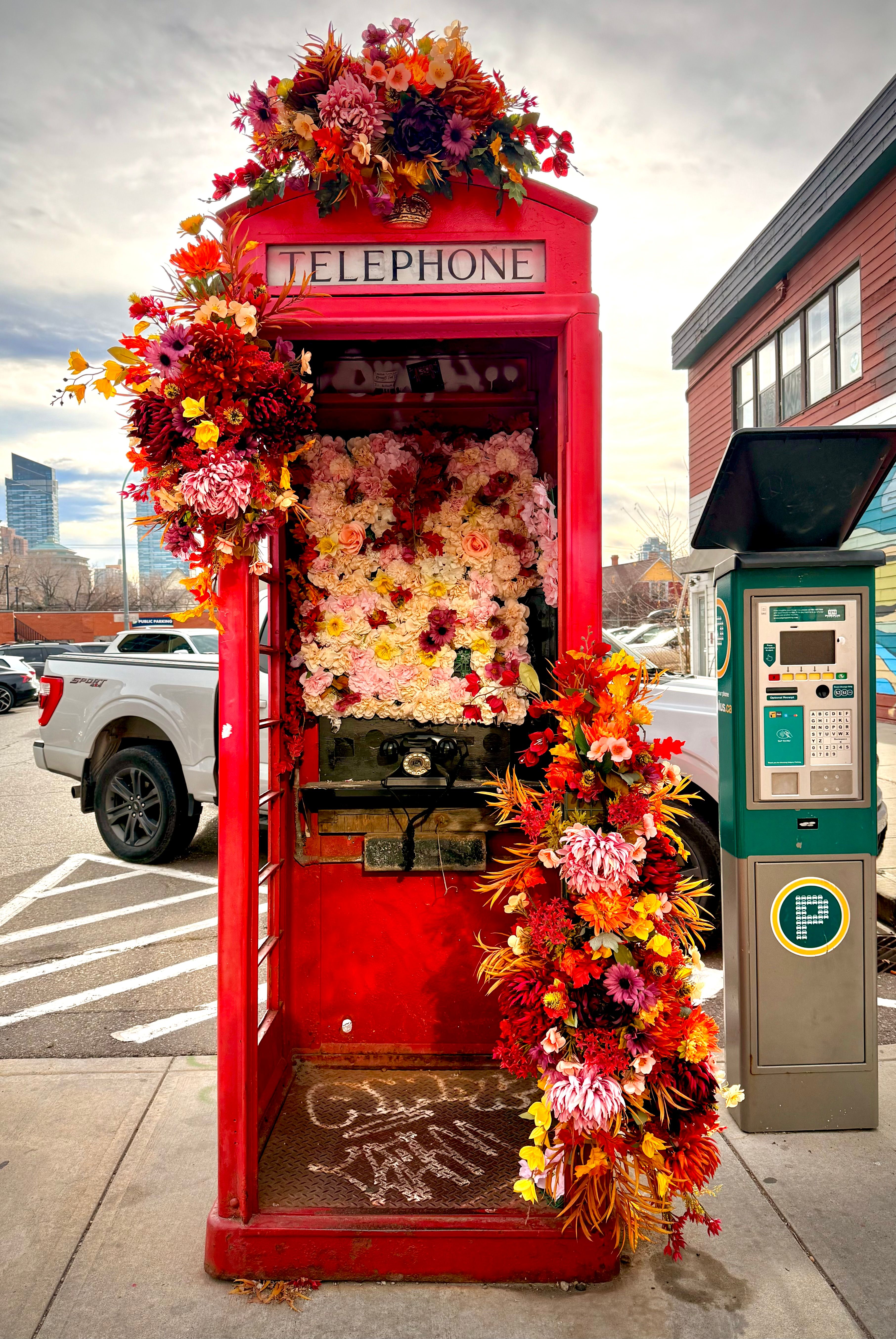 Vibrant Floral British Telephone Booth in Calgary · Free Stock Photo