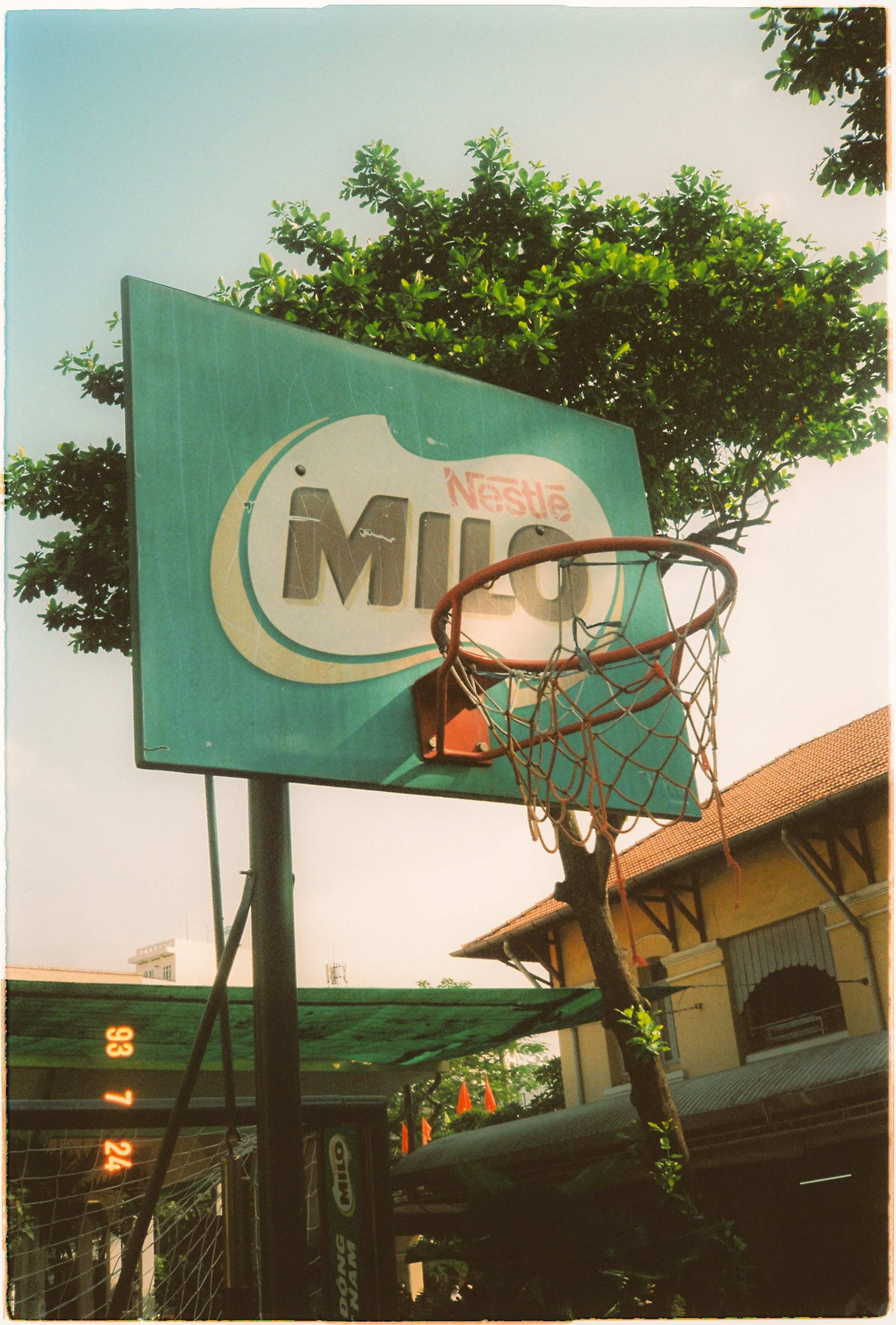 Vintage Outdoor Basketball Hoop with Milo Sign · Free Stock Photo