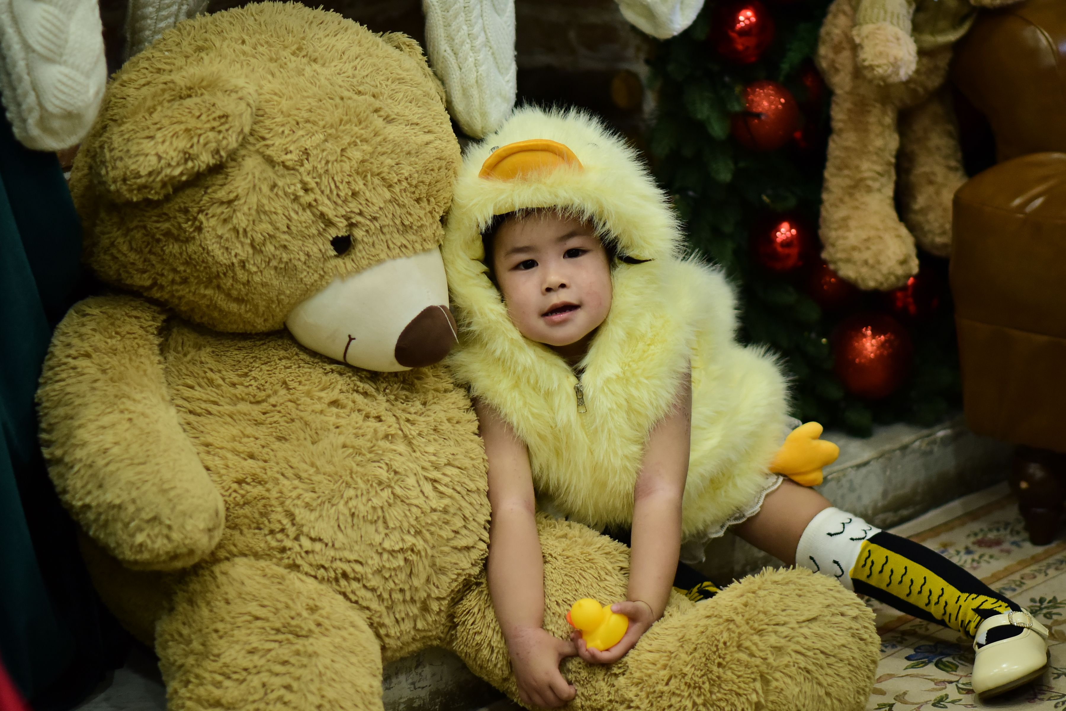 Child in Duck Costume Hugging a Teddy Bear · Free Stock Photo