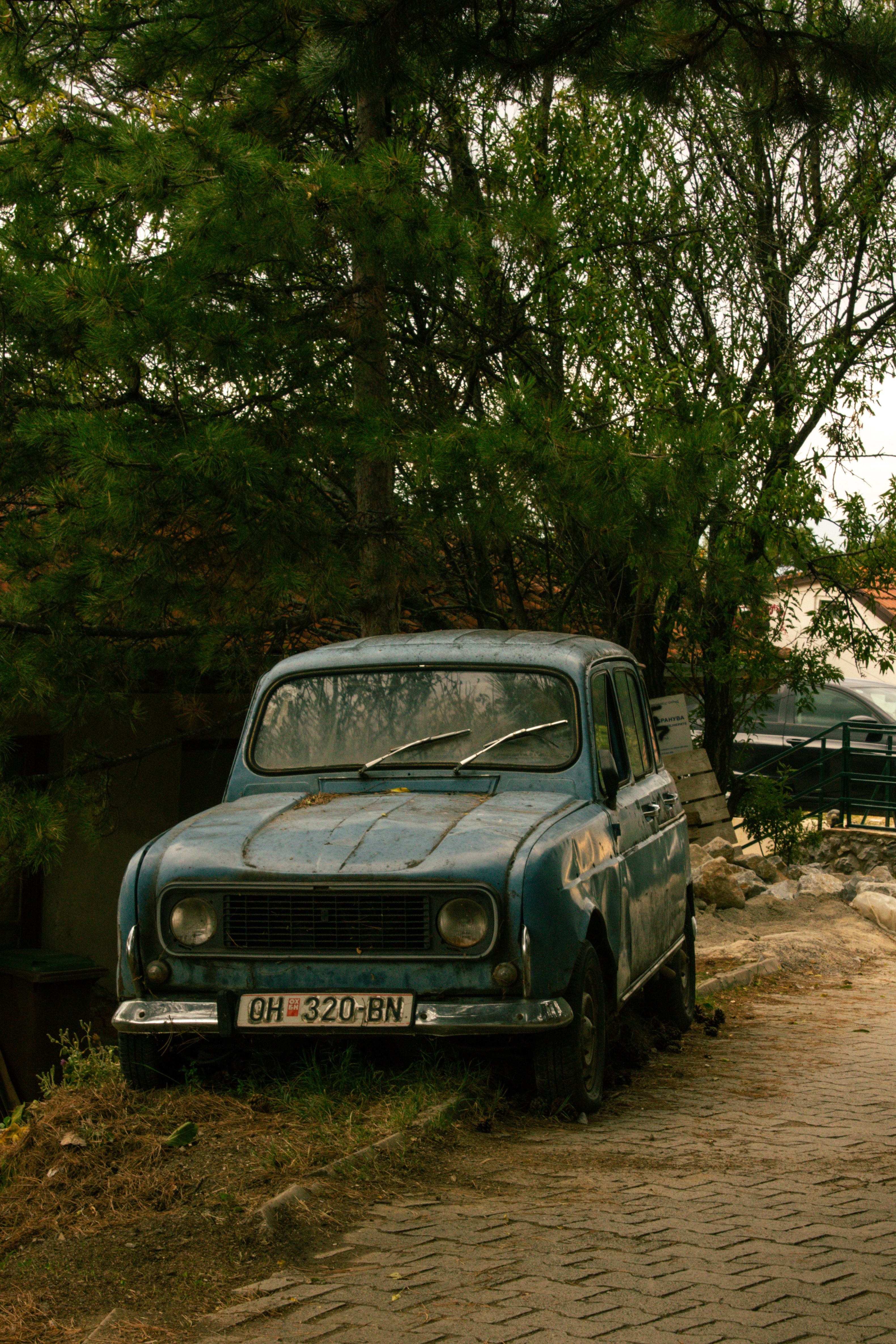 Vintage Blue Car Parked on Tree-Lined Path · Free Stock Photo
