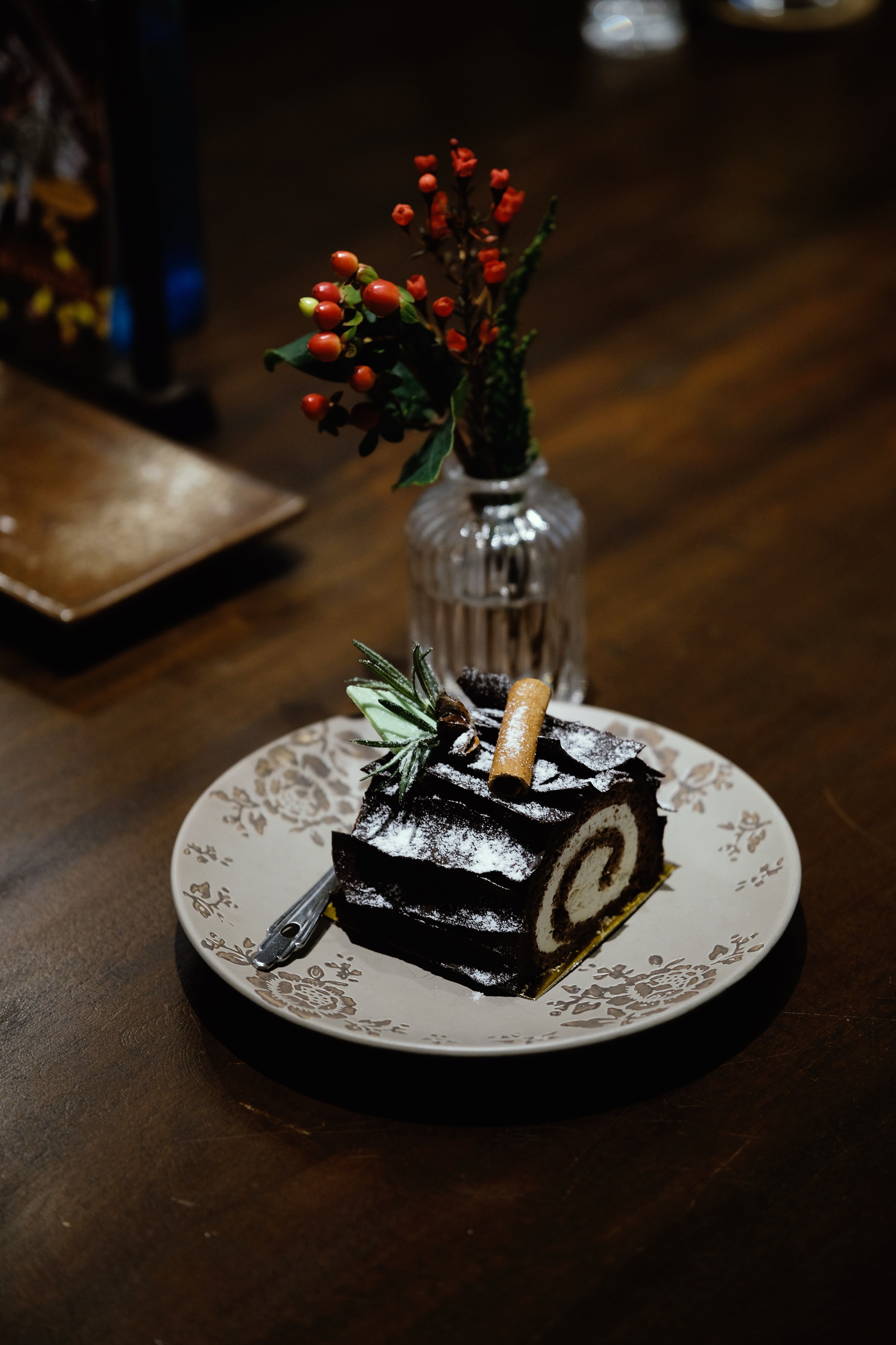 Festive Chocolate Yule Log with Holiday Decor · Free Stock Photo