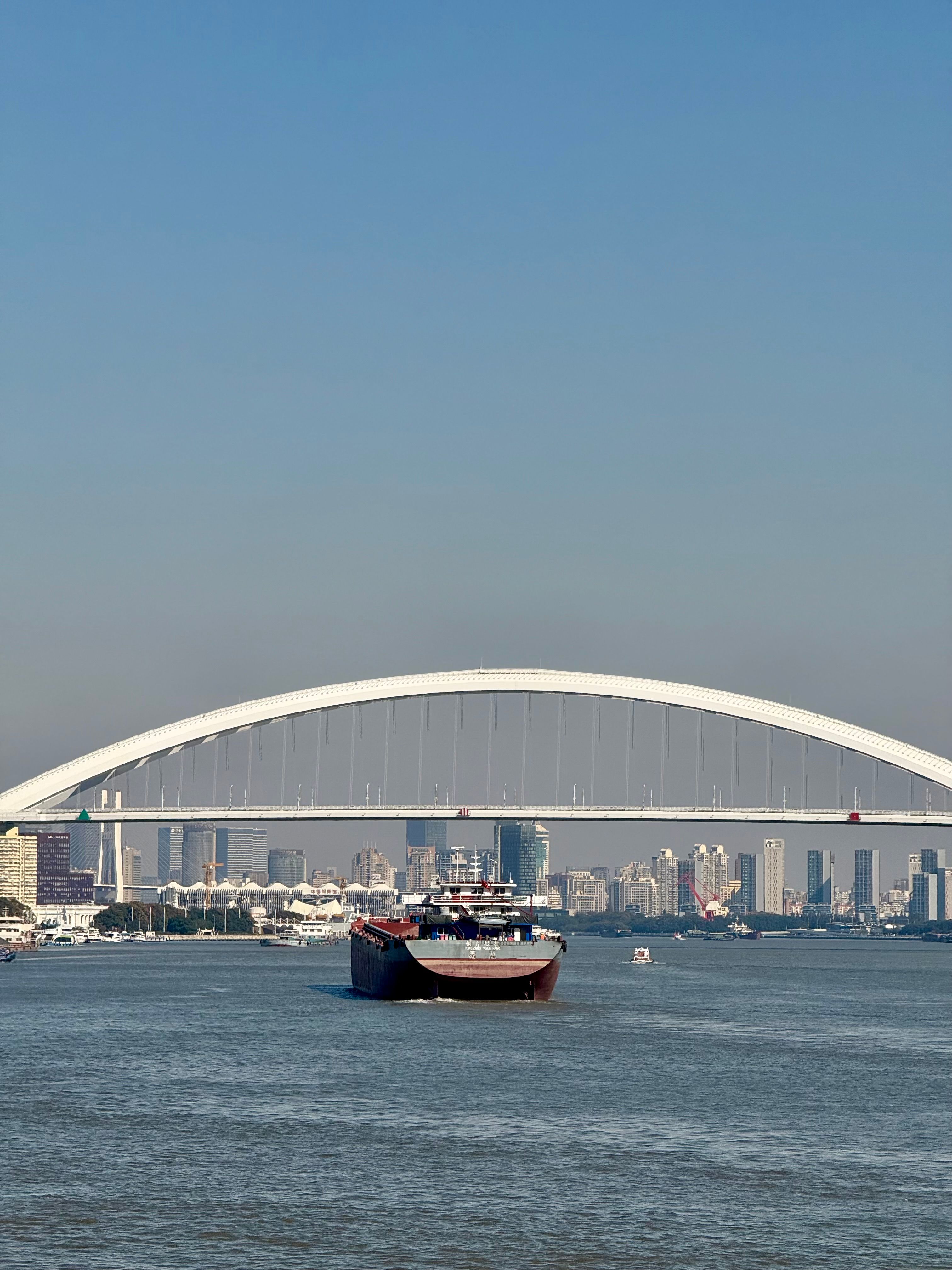Shanghai Lupu Bridge with Cargo Ship on Huangpu River · Free Stock Photo