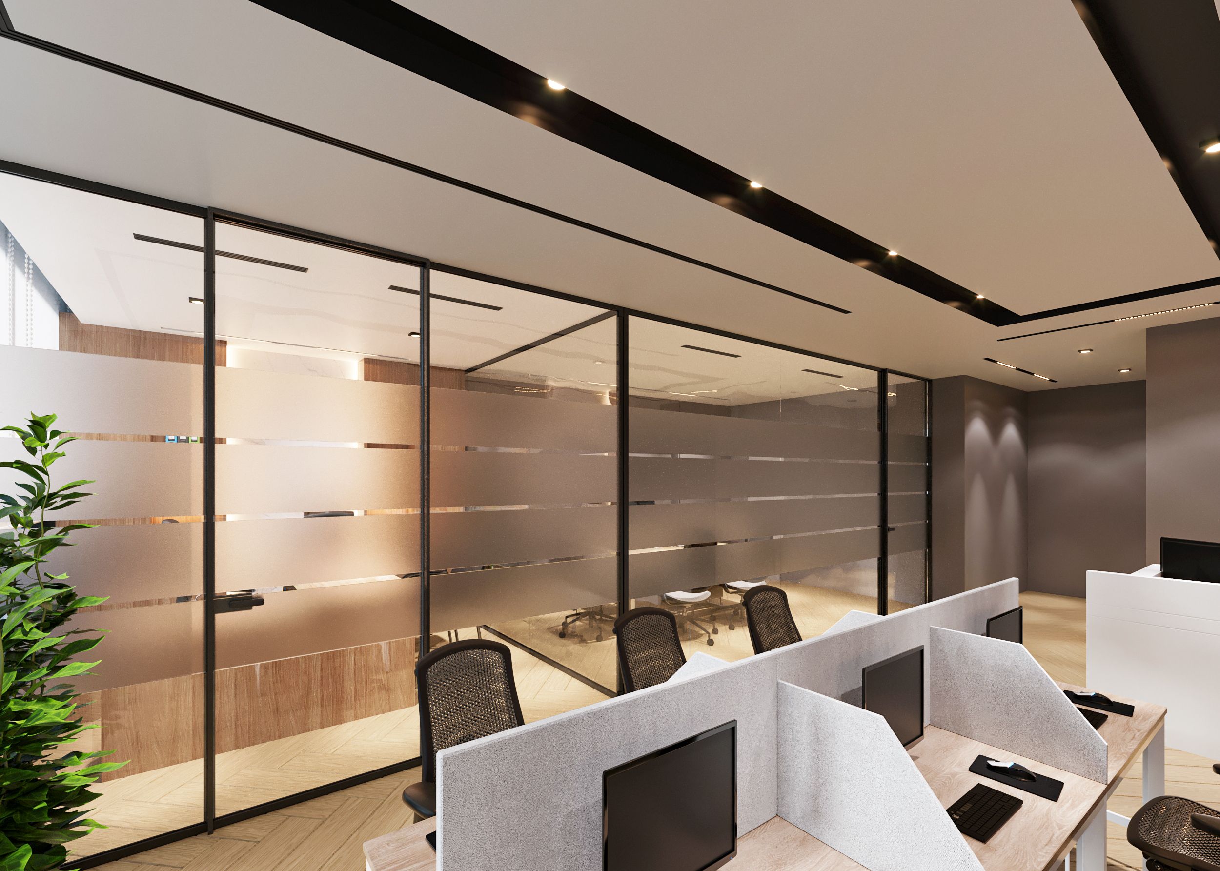 Modern Office Interior with Wooden Partitions · Free Stock Photo