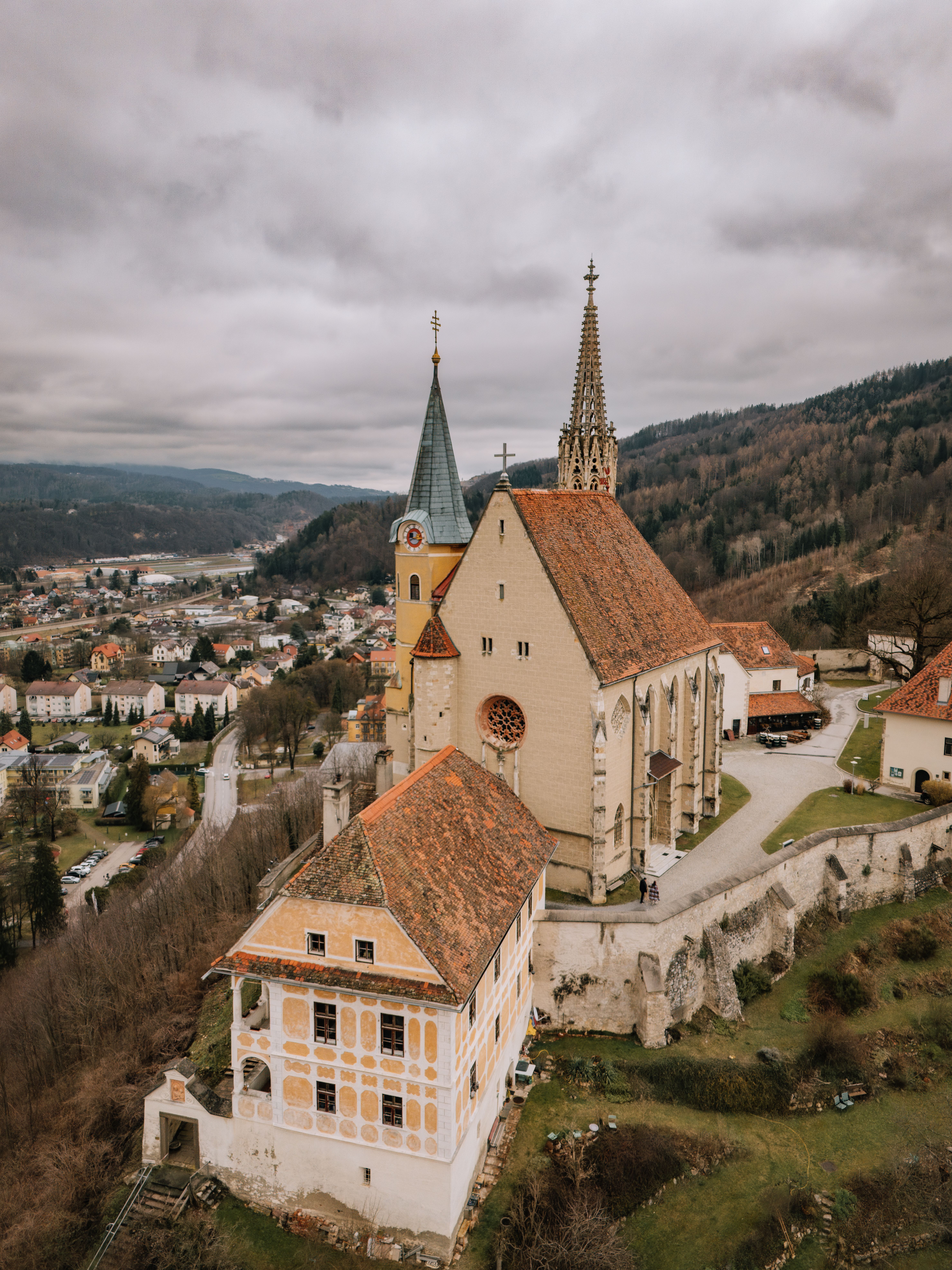 Aerial View of Medieval European Church and Town · Free Stock Photo