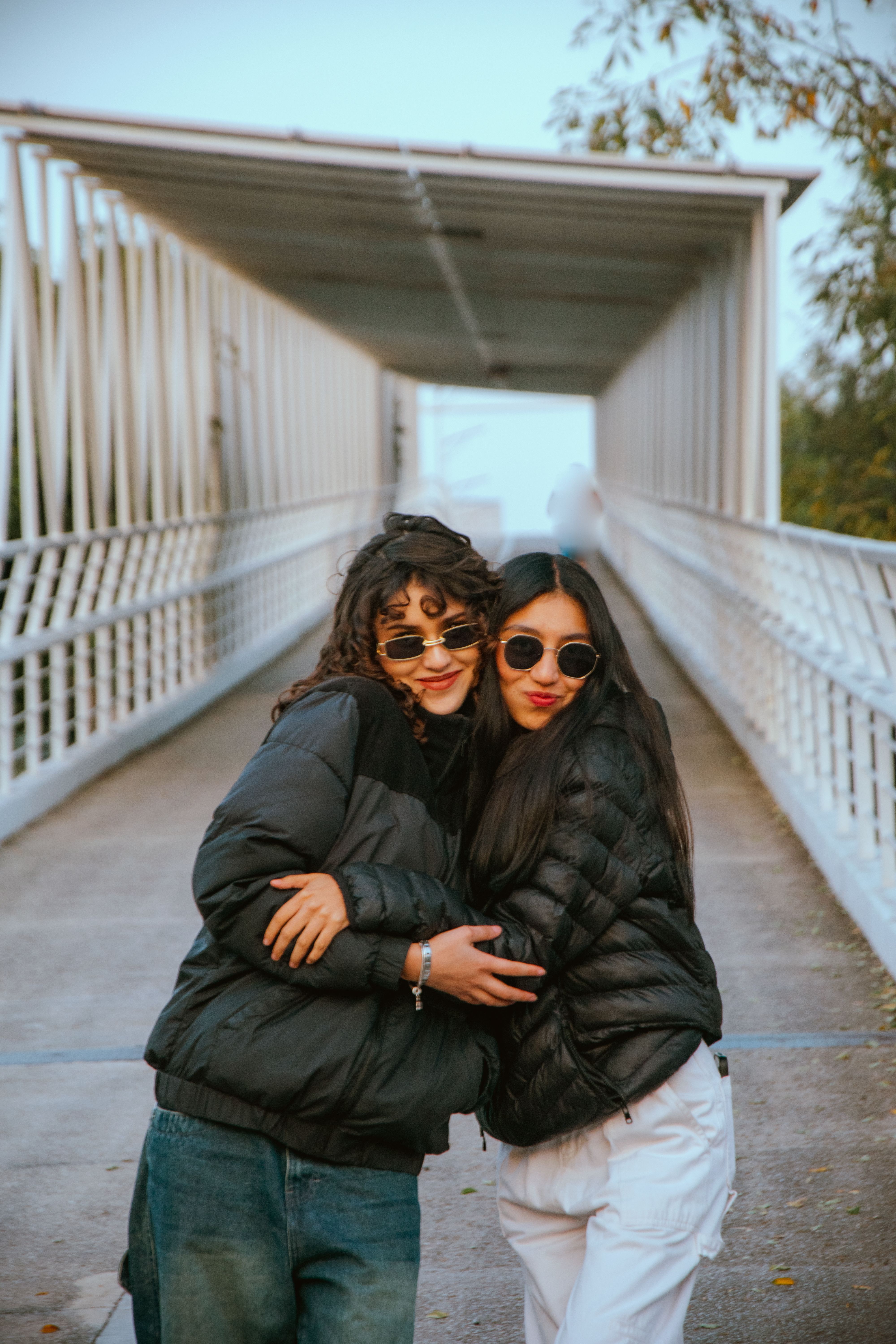 Friends Embrace on Stylish Modern Bridge · Free Stock Photo