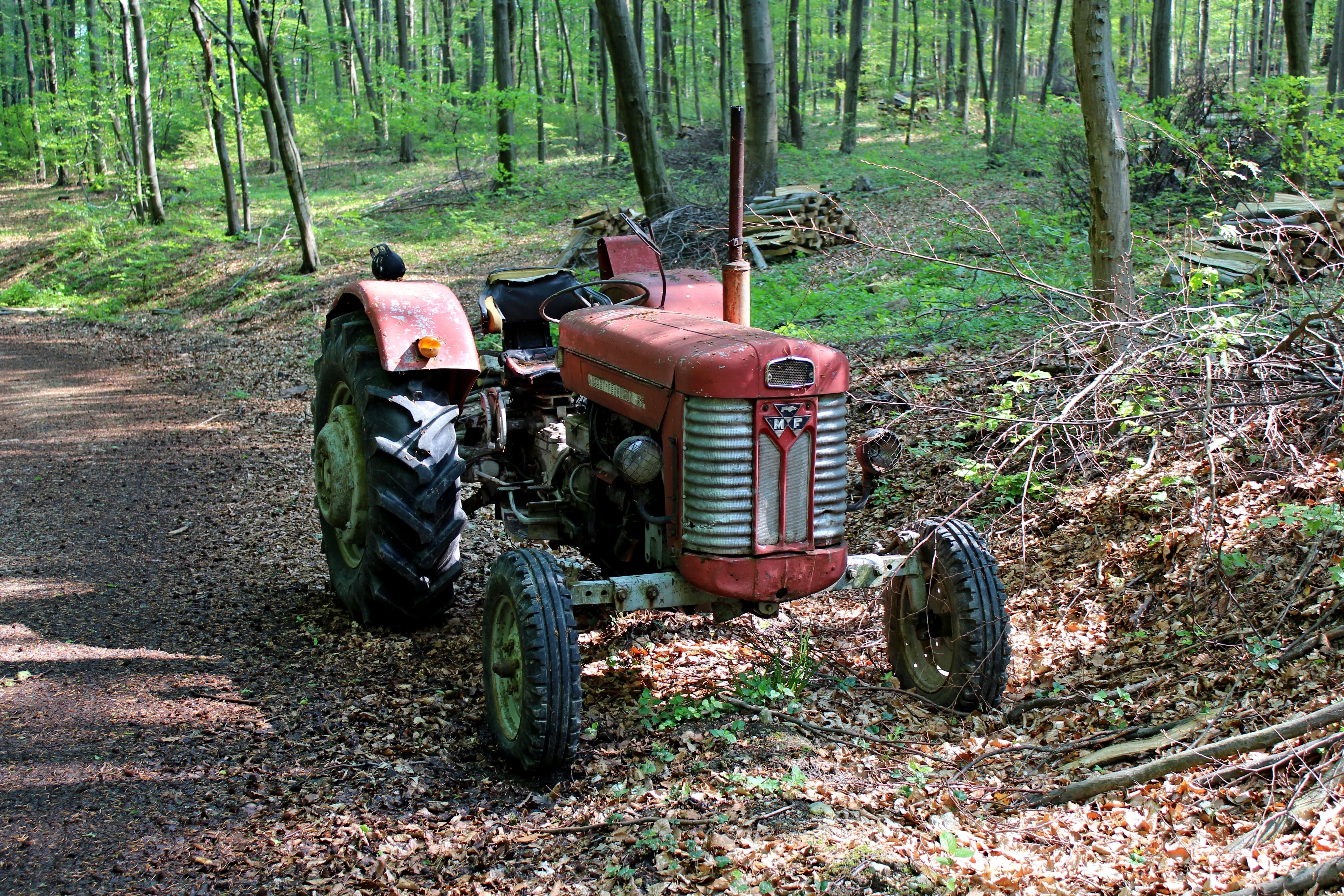 Vintage Red Tractor in Austrian Forest · Free Stock Photo