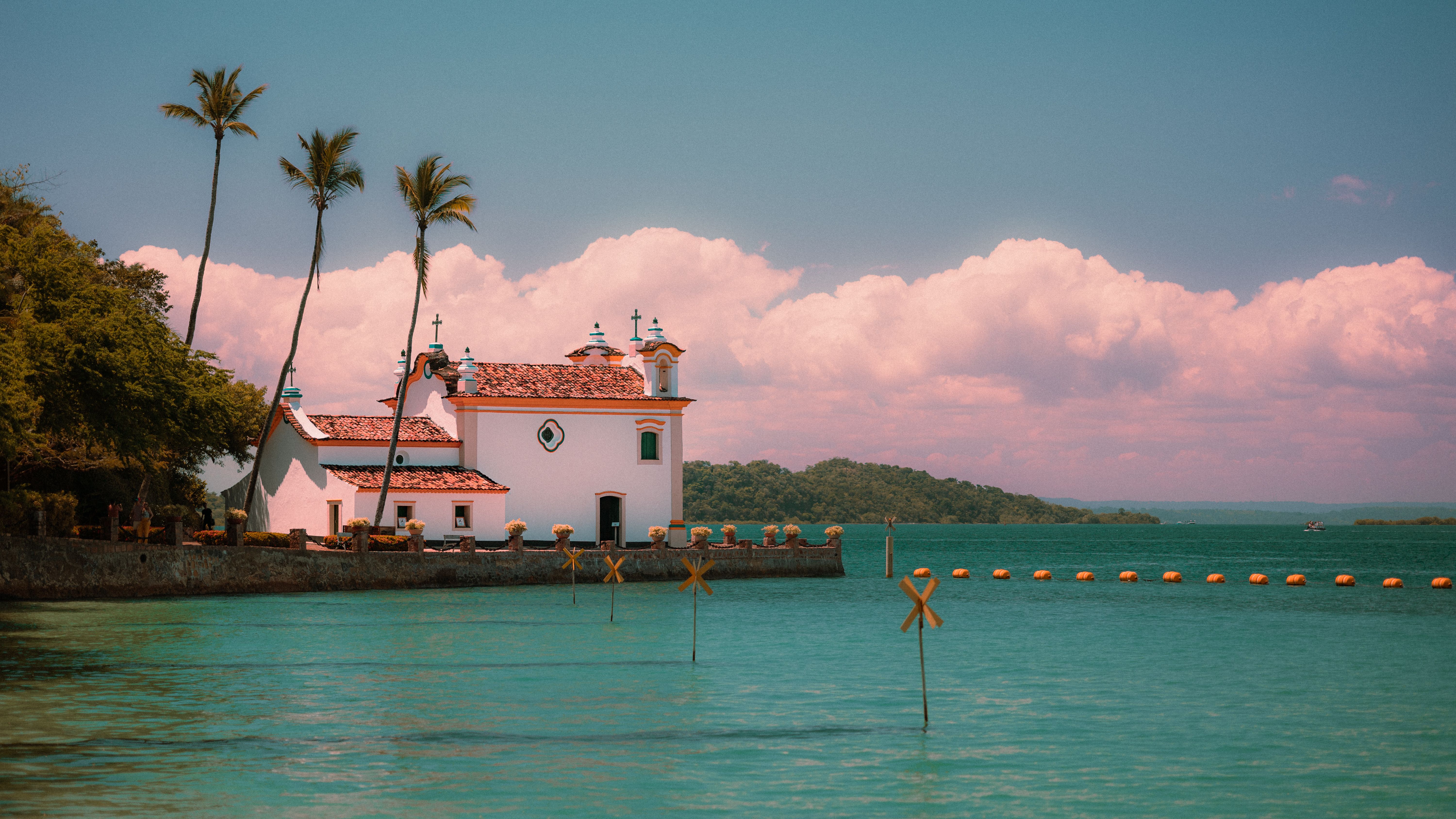 Tropical Coastal Church with Palm Trees · Free Stock Photo