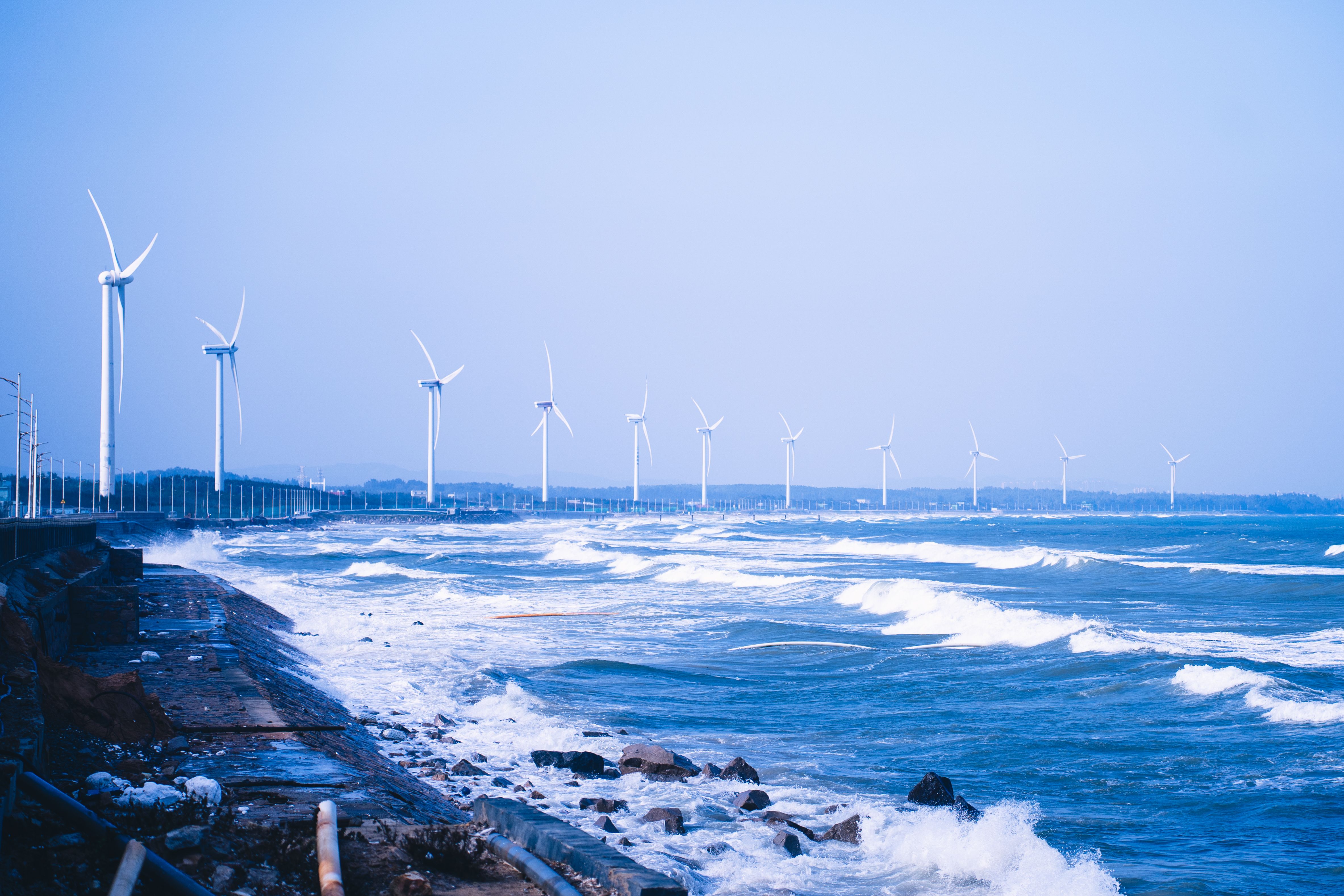 Coastal Wind Farm with Turbines and Waves · Free Stock Photo