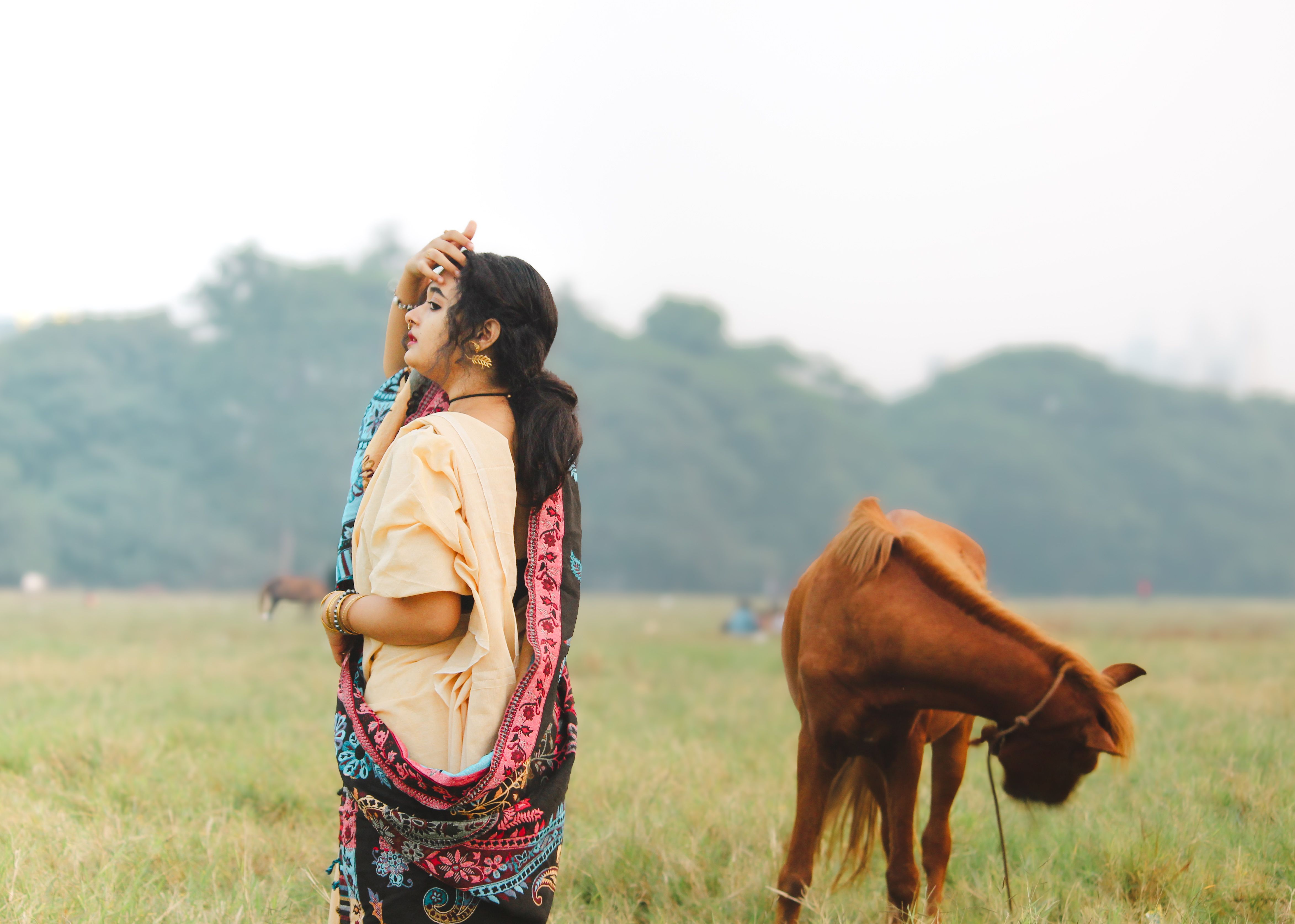 Portrait of Woman in Colorful Saree with Horse · Free Stock Photo
