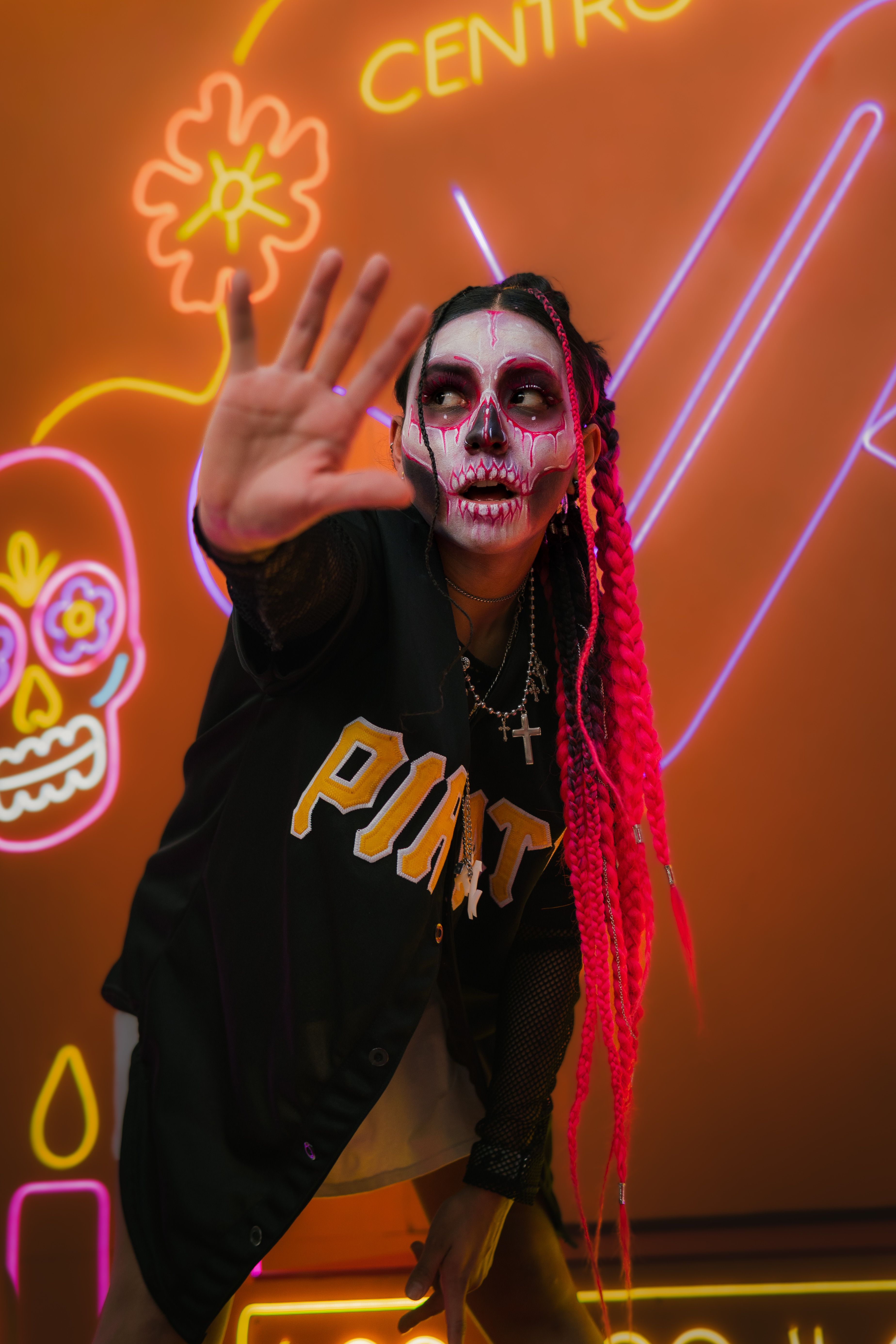 Vibrant Catrina Portrait with Neon Lights and Makeup · Free Stock Photo