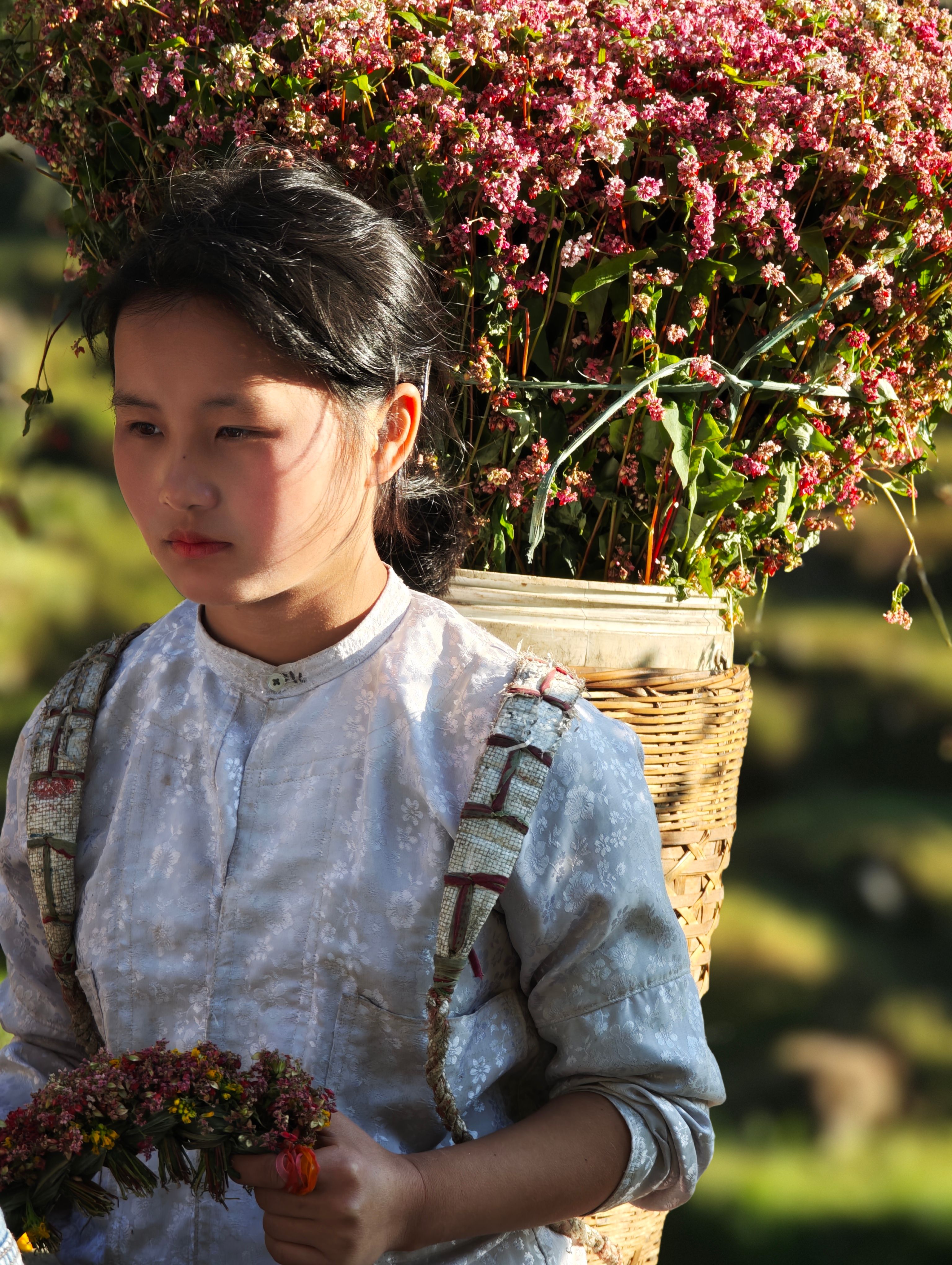Young Girl Carrying Flowers in Rural Landscape · Free Stock Photo