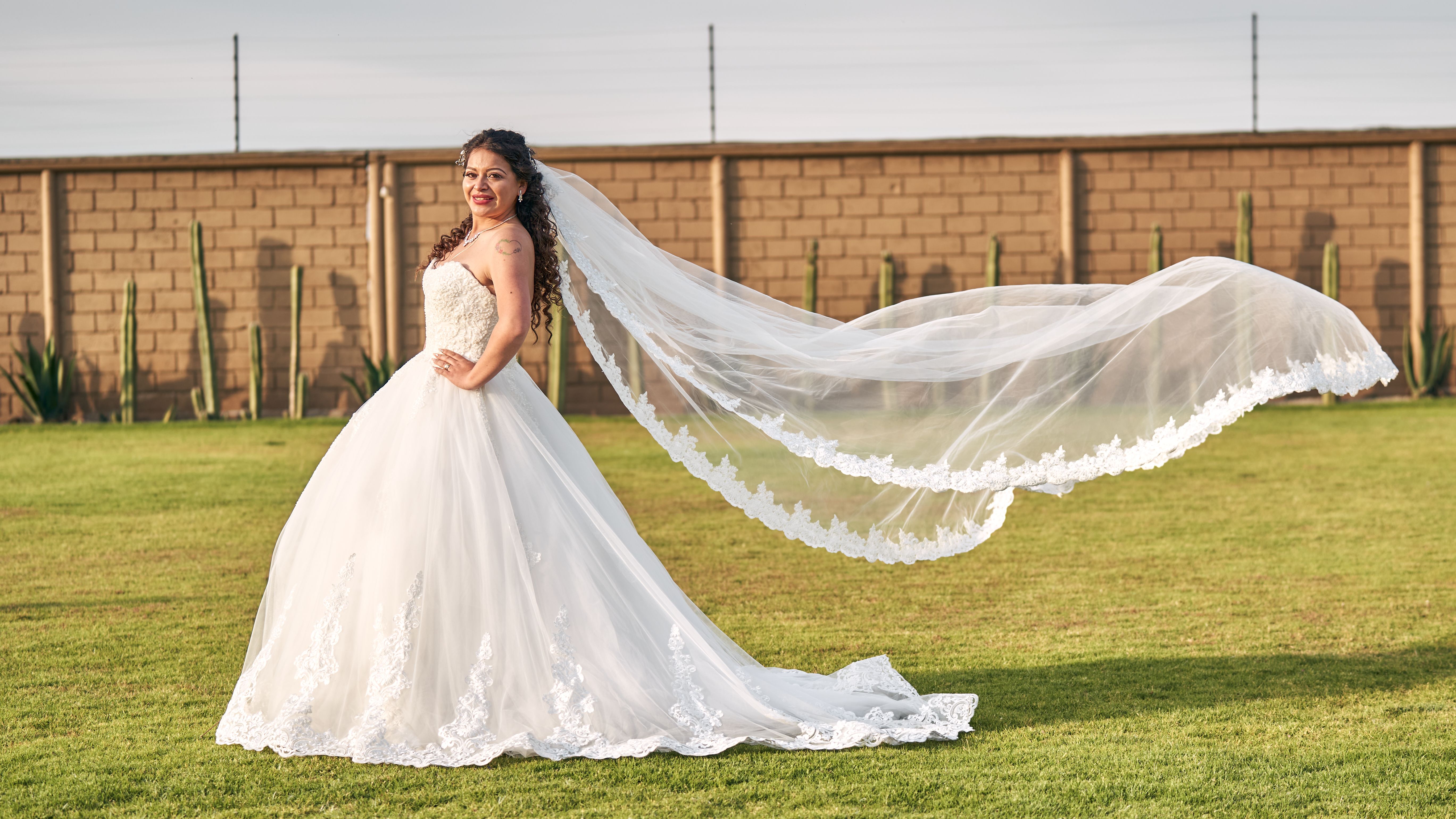 Novia Elegante Con Vestido De Encaje Al Atardecer · Foto de stock gratuita