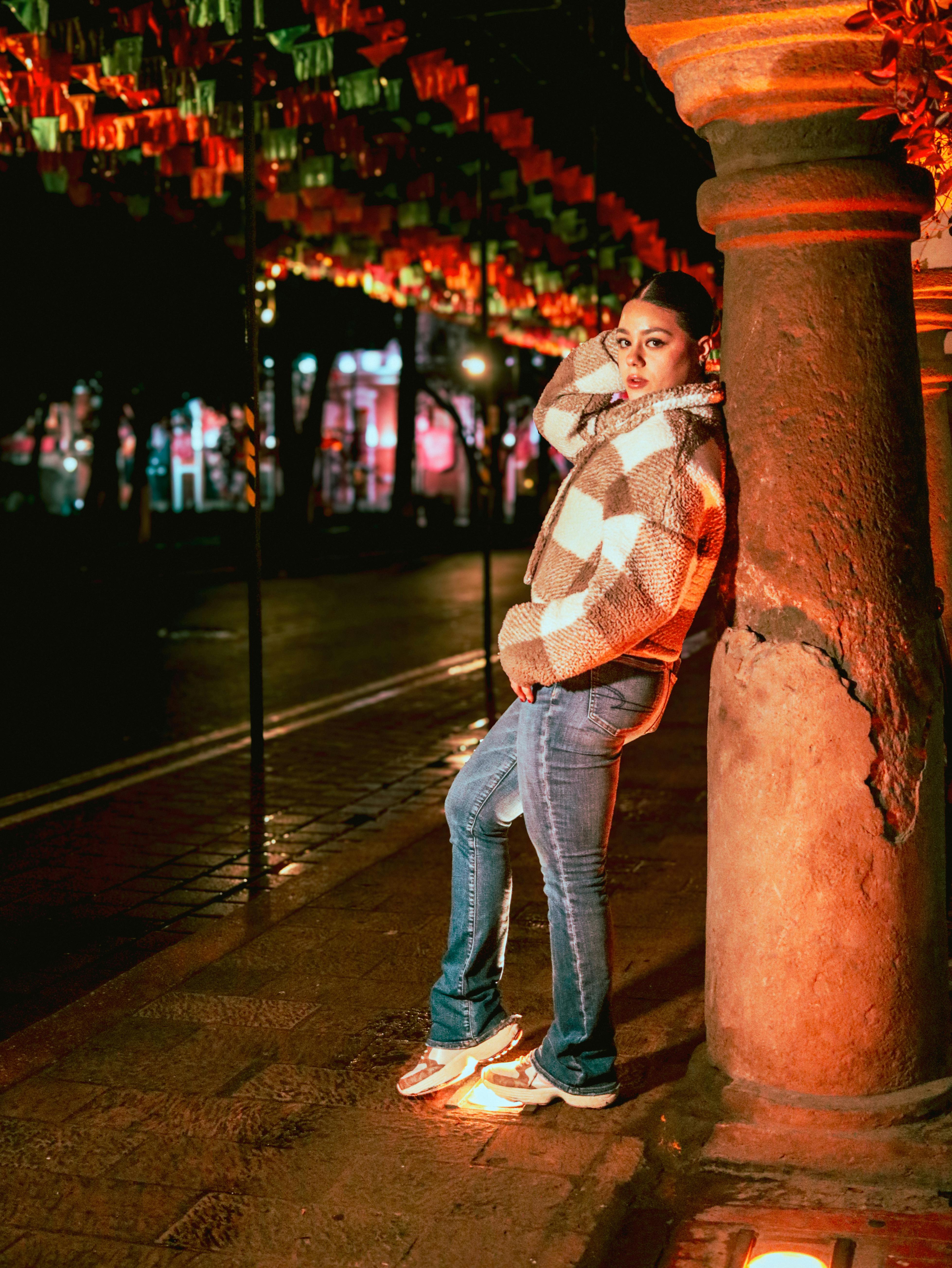Stylish Night Portrait with Colorful Lanterns · Free Stock Photo