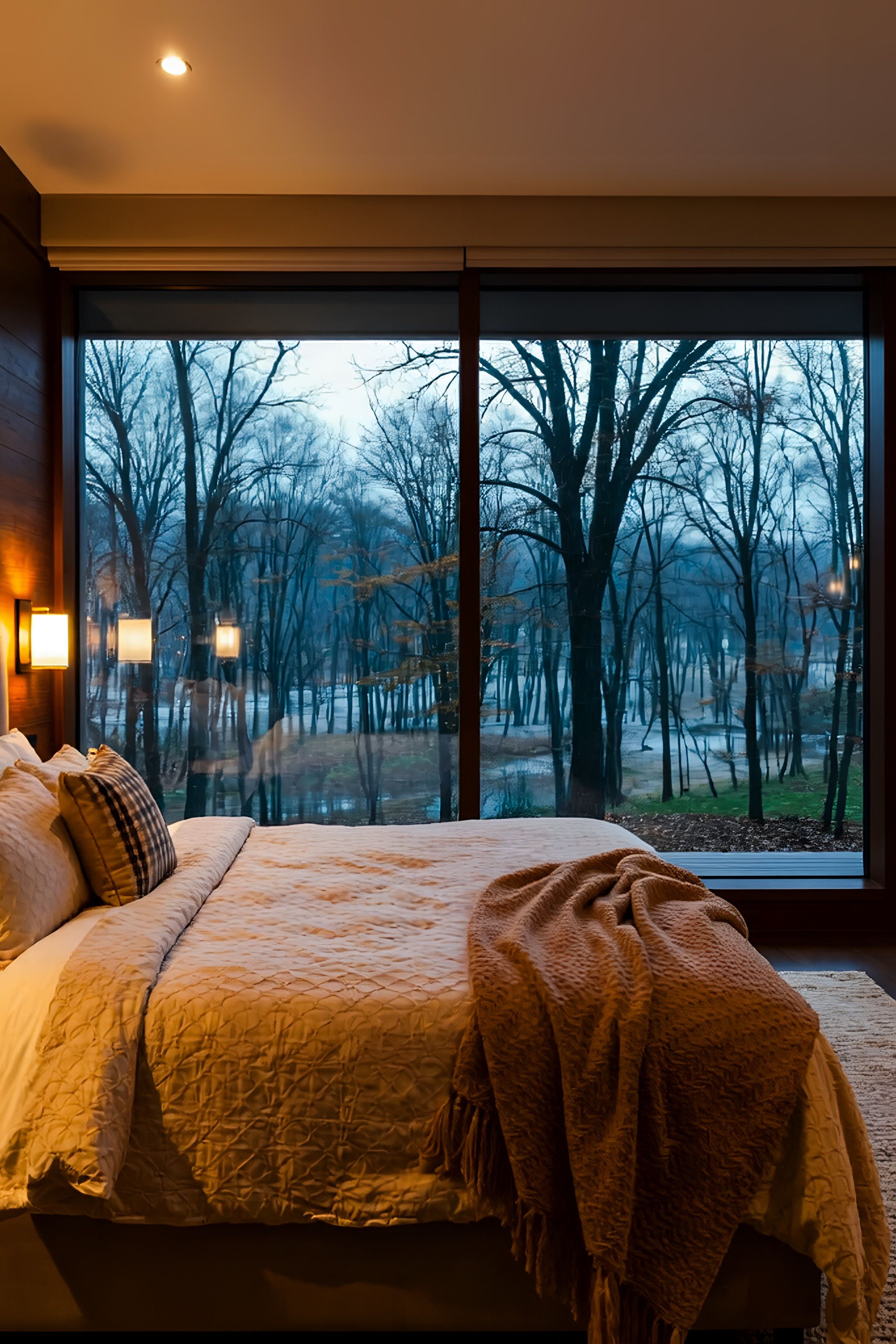Cozy Bedroom with Scenic Forest View · Free Stock Photo