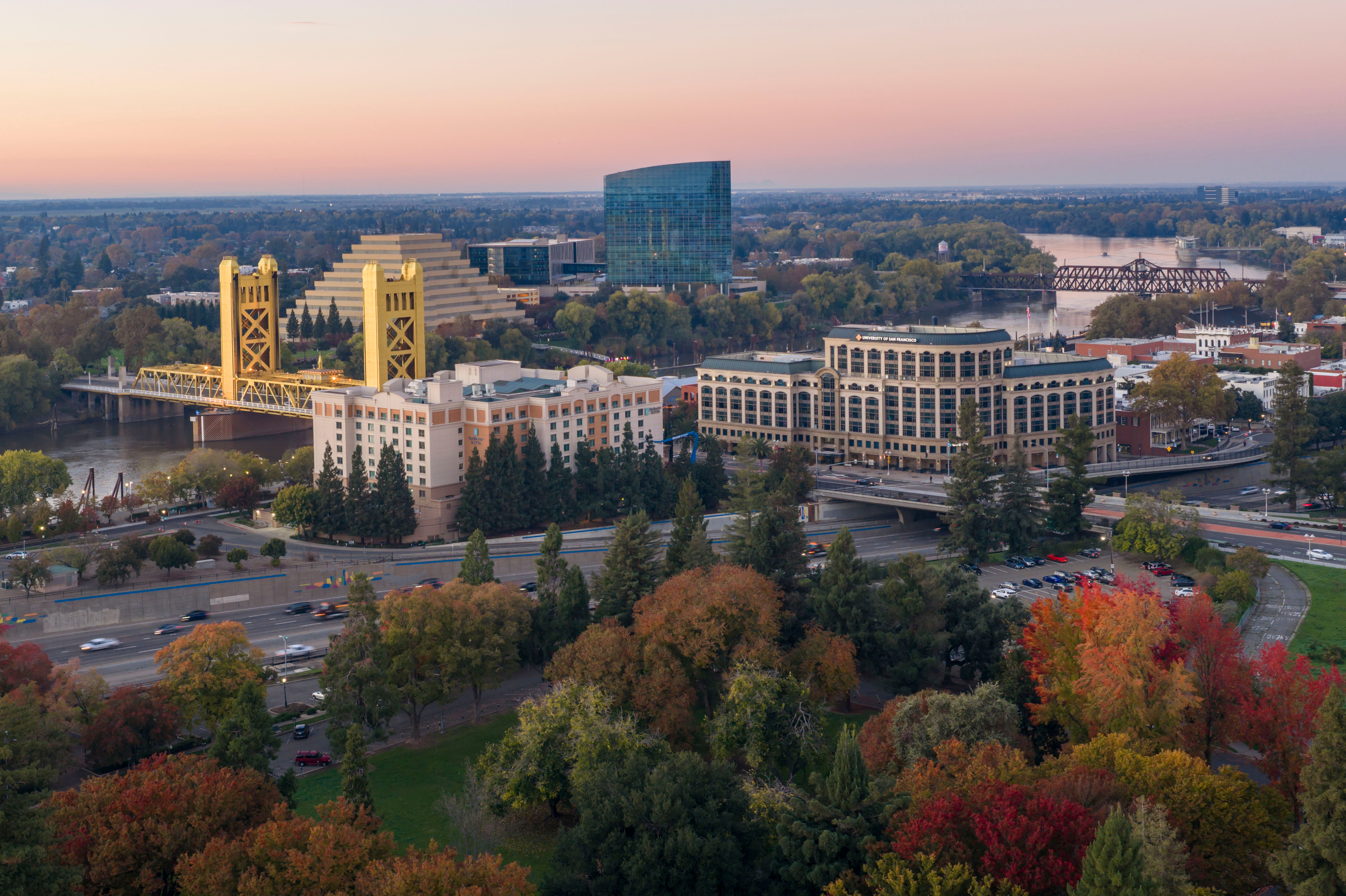 Aerial View of Sacramento with Tower Bridge at Sunset · Free Stock Photo