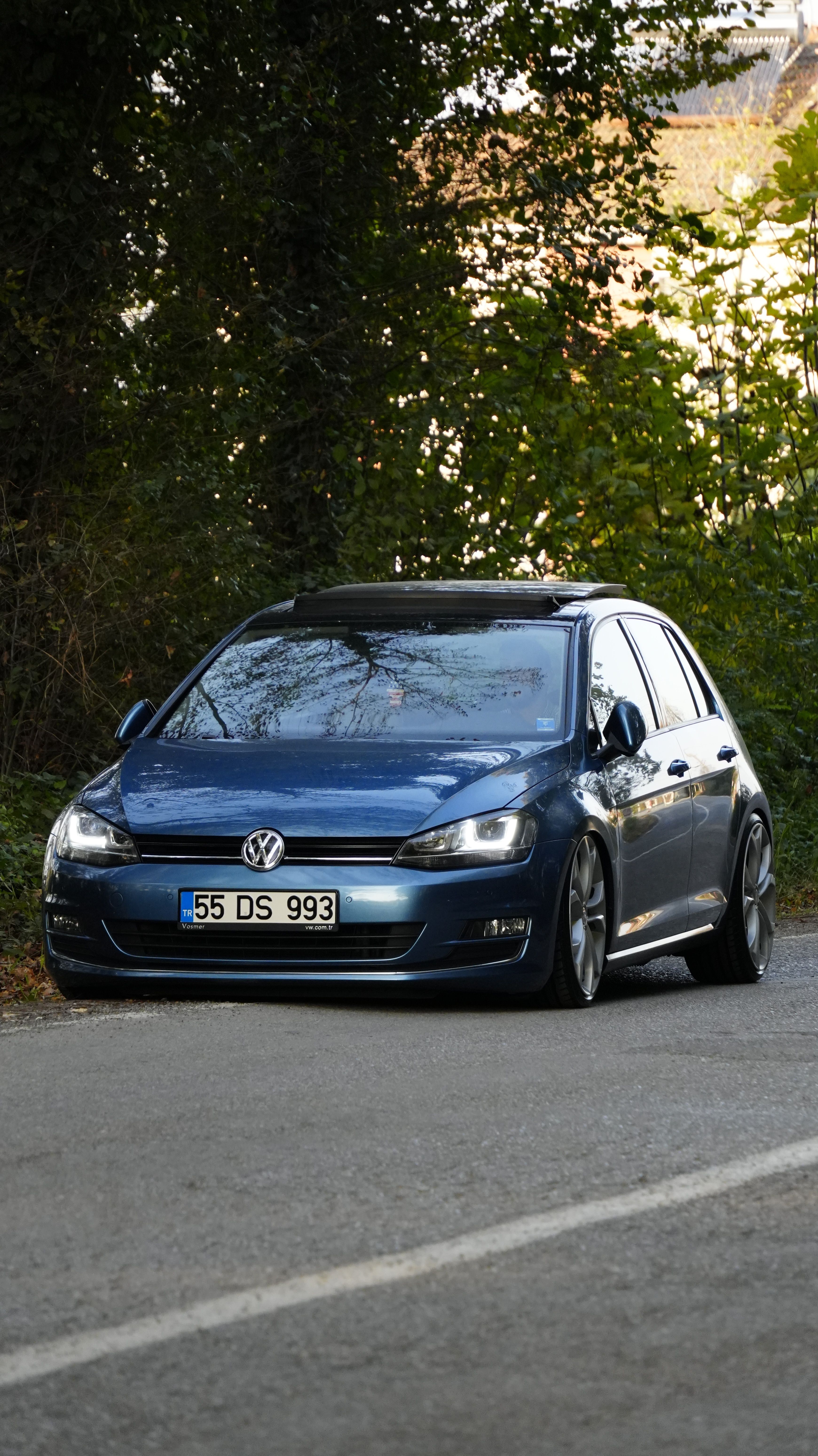 Blue Volkswagen Car Parked on Leafy Roadside · Free Stock Photo
