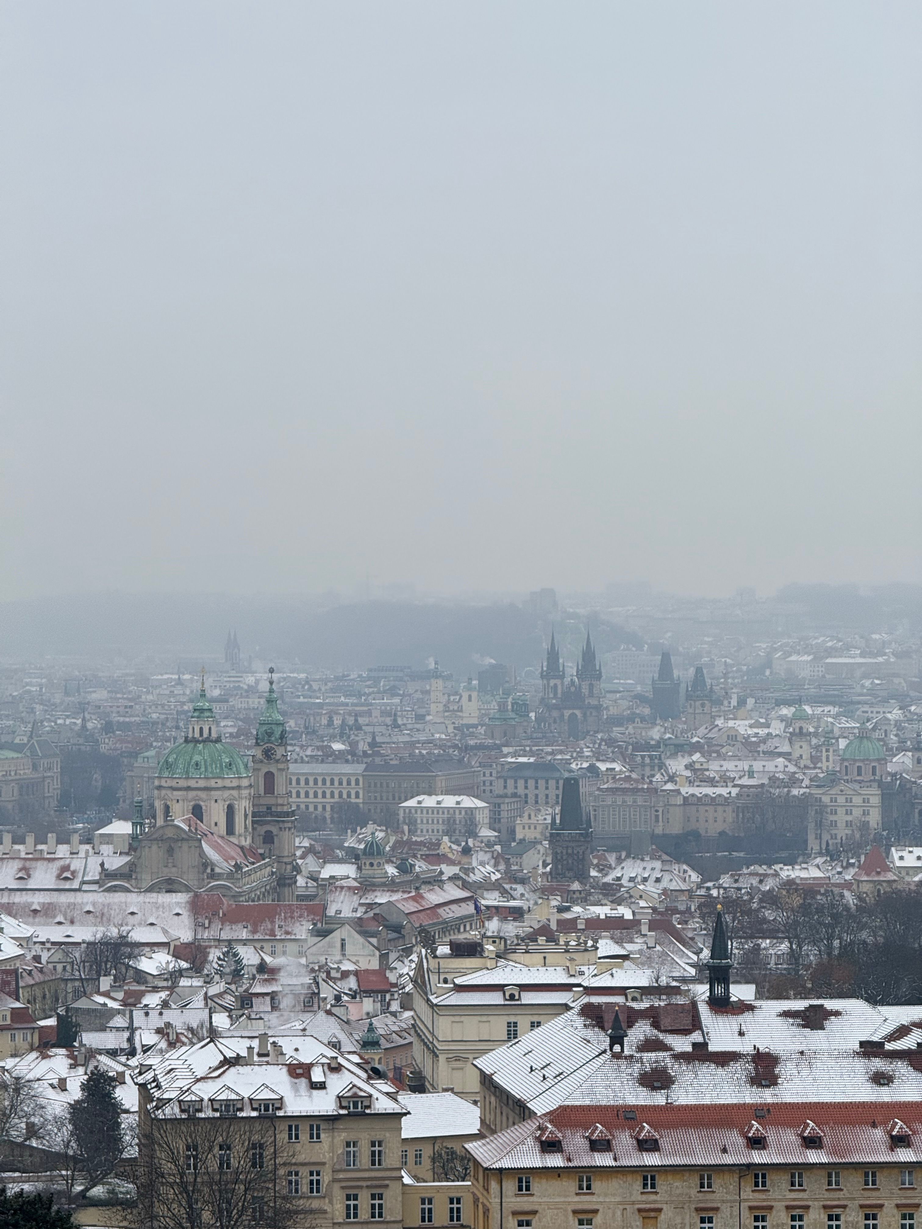 Aerial Winter View of Snow-Covered Prague Cityscape · Free Stock Photo